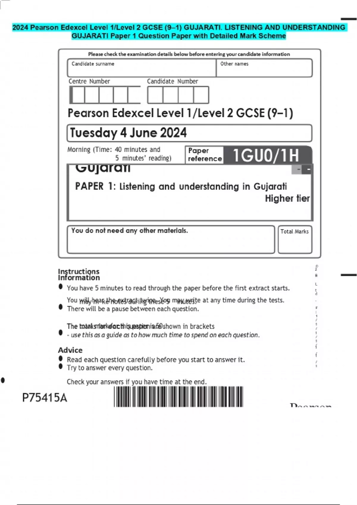 2024 Pearson Edexcel Level 1/Level 2 GCSE (9–1) GUJARATI. LISTENING AND ...