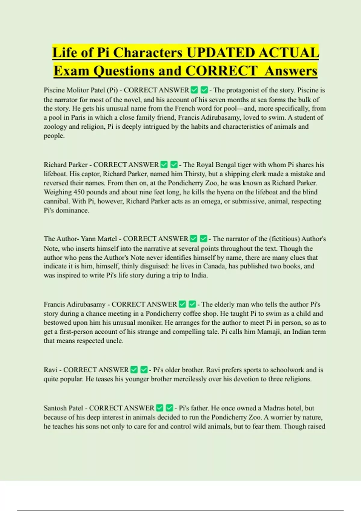 Life of Pi Characters UPDATED ACTUAL Exam Questions and CORRECT Answers ...