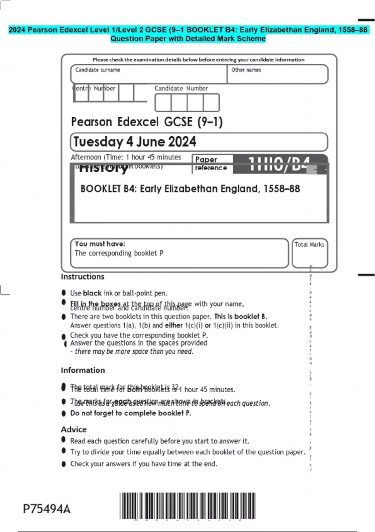 2024 Pearson Edexcel Level 1/Level 2 GCSE (9–1 BOOKLET B4: Early ...