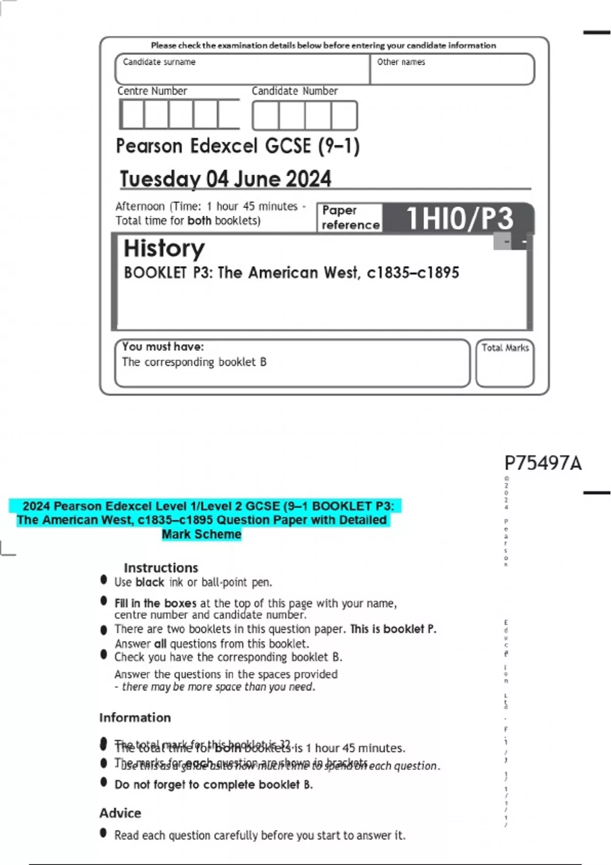 2024 Pearson Edexcel Level 1/Level 2 GCSE (9–1 BOOKLET P3: The American ...