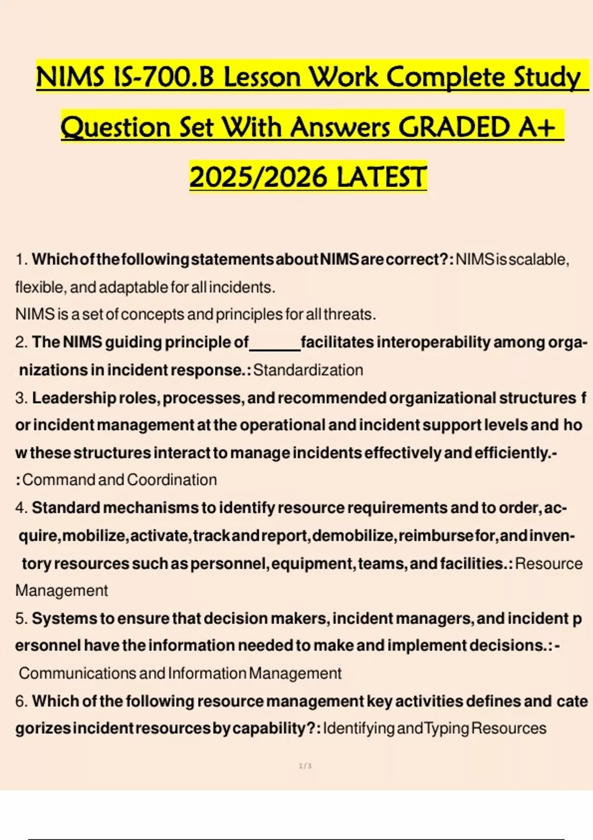 NIMS IS-700.B Lesson Work Complete Study Question Set With Answers ...