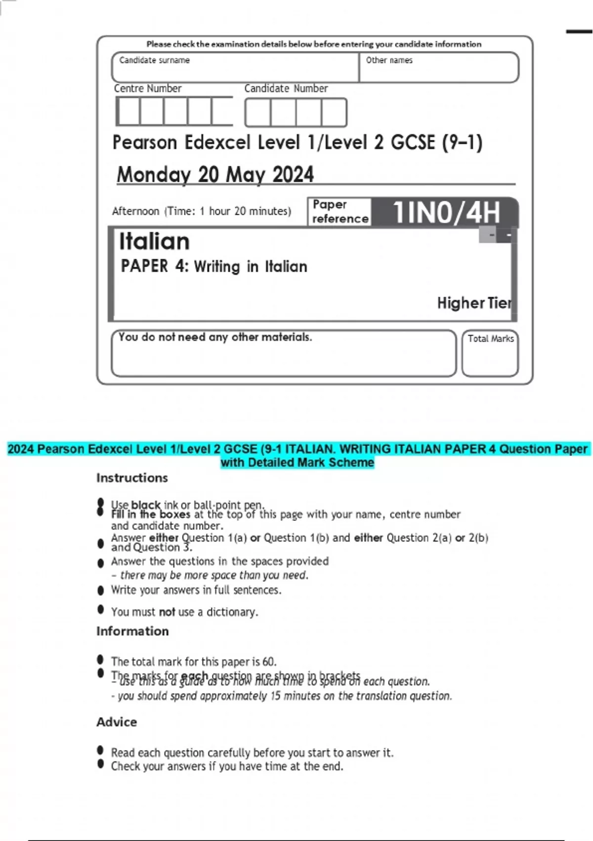 2024 Pearson Edexcel Level 1/Level 2 GCSE (9-1 ITALIAN. WRITING ITALIAN ...