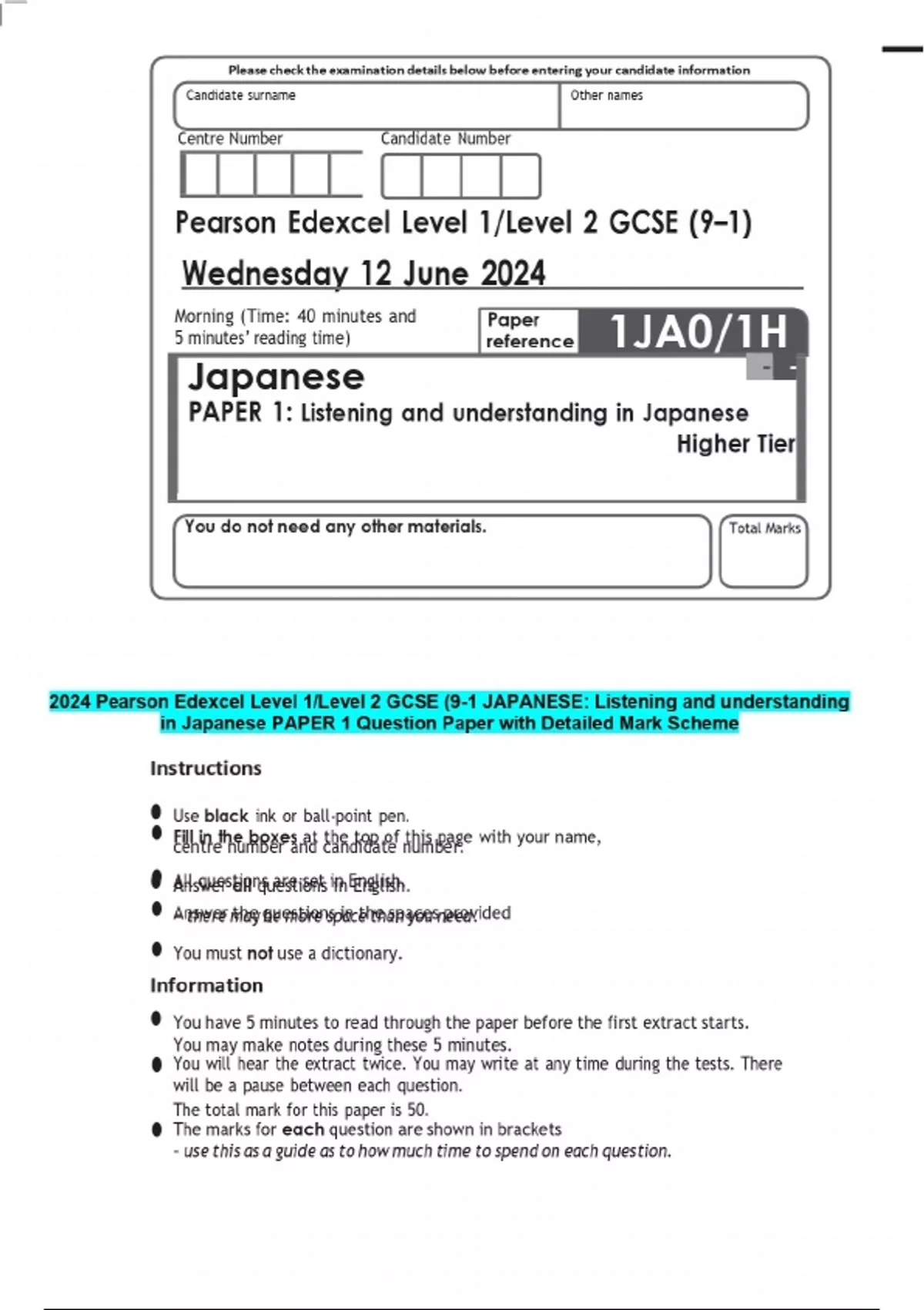 2024 Pearson Edexcel Level 1/Level 2 GCSE (9-1 JAPANESE: Listening and ...