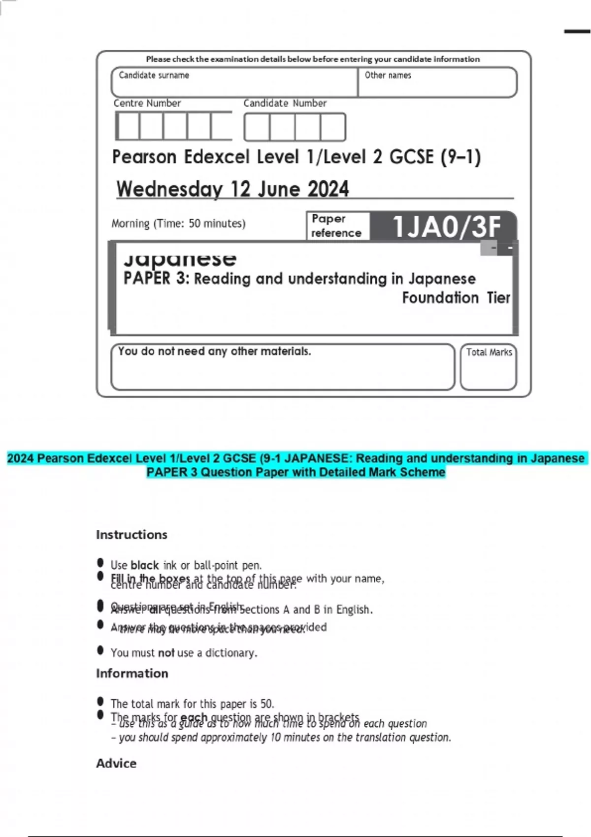 2024 Pearson Edexcel Level 1/Level 2 GCSE (9-1 JAPANESE: Reading and ...