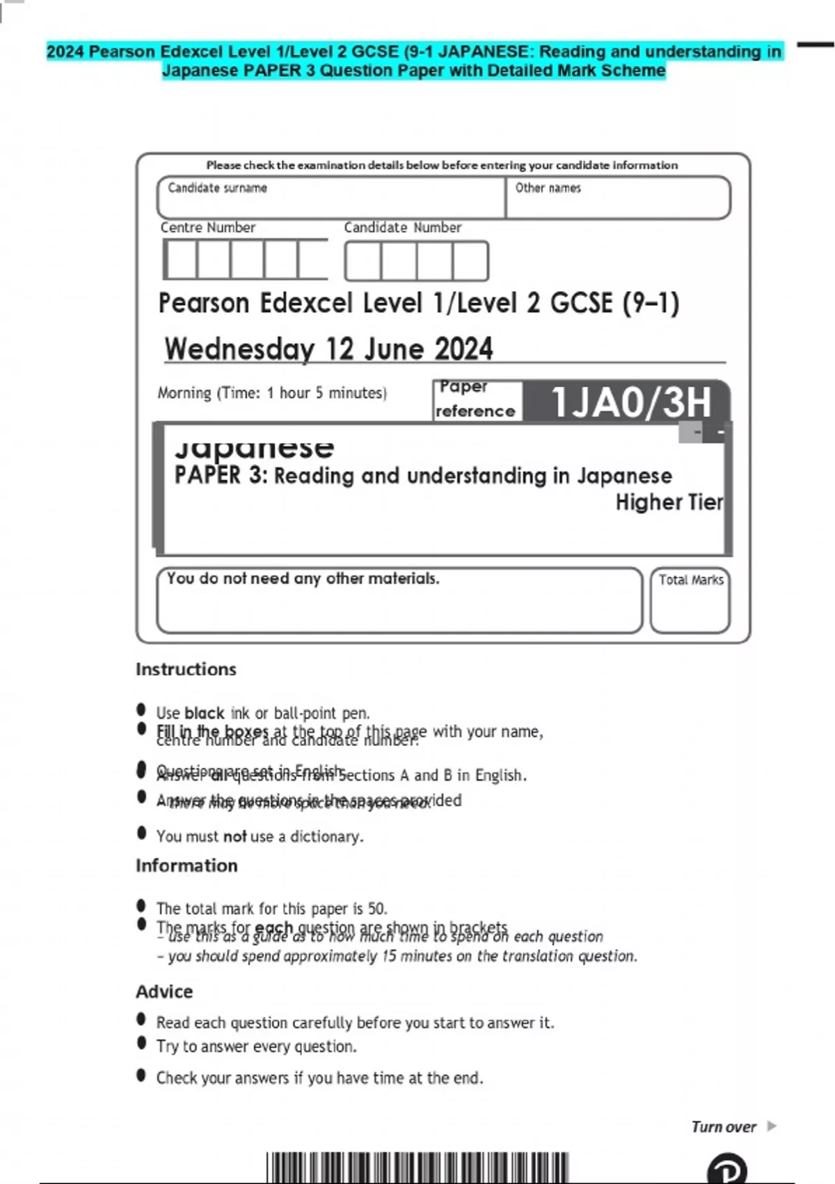 2024 Pearson Edexcel Level 1/Level 2 GCSE (9-1 JAPANESE: Reading and ...