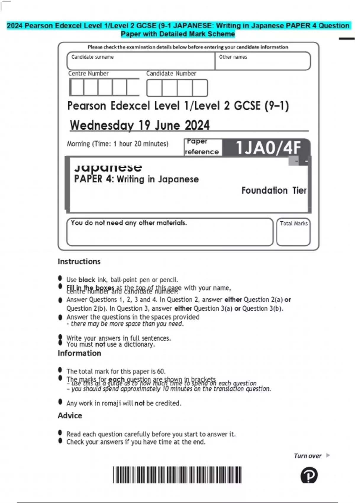 2024 Pearson Edexcel Level 1/Level 2 GCSE (9-1 JAPANESE: Writing in ...