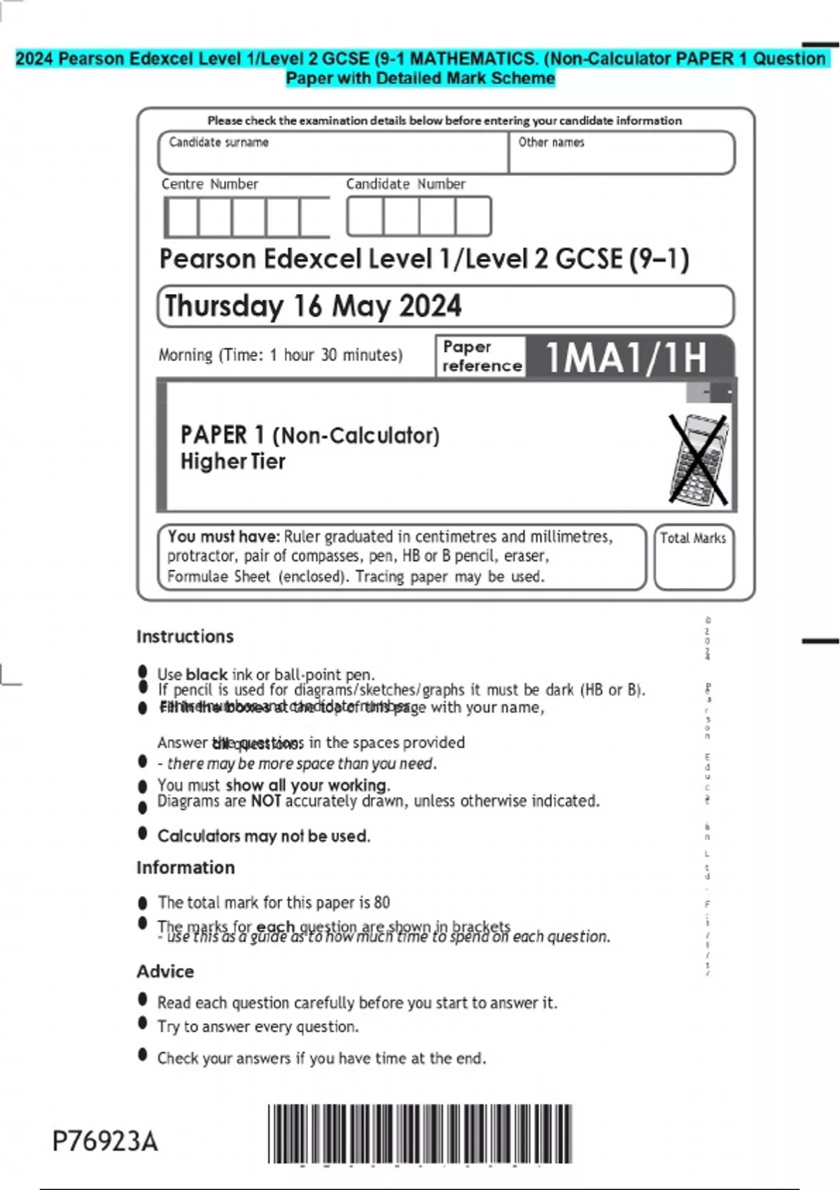 2024 Pearson Edexcel Level 1/Level 2 GCSE (9-1 MATHEMATICS. (Non ...