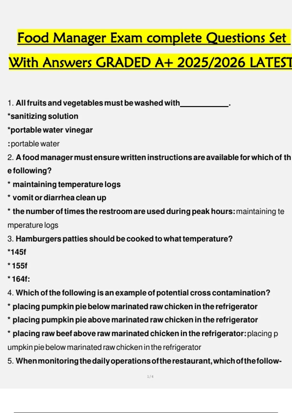 BUNDLE for Food Manager Exam Complete Study Question Set With Correct ...