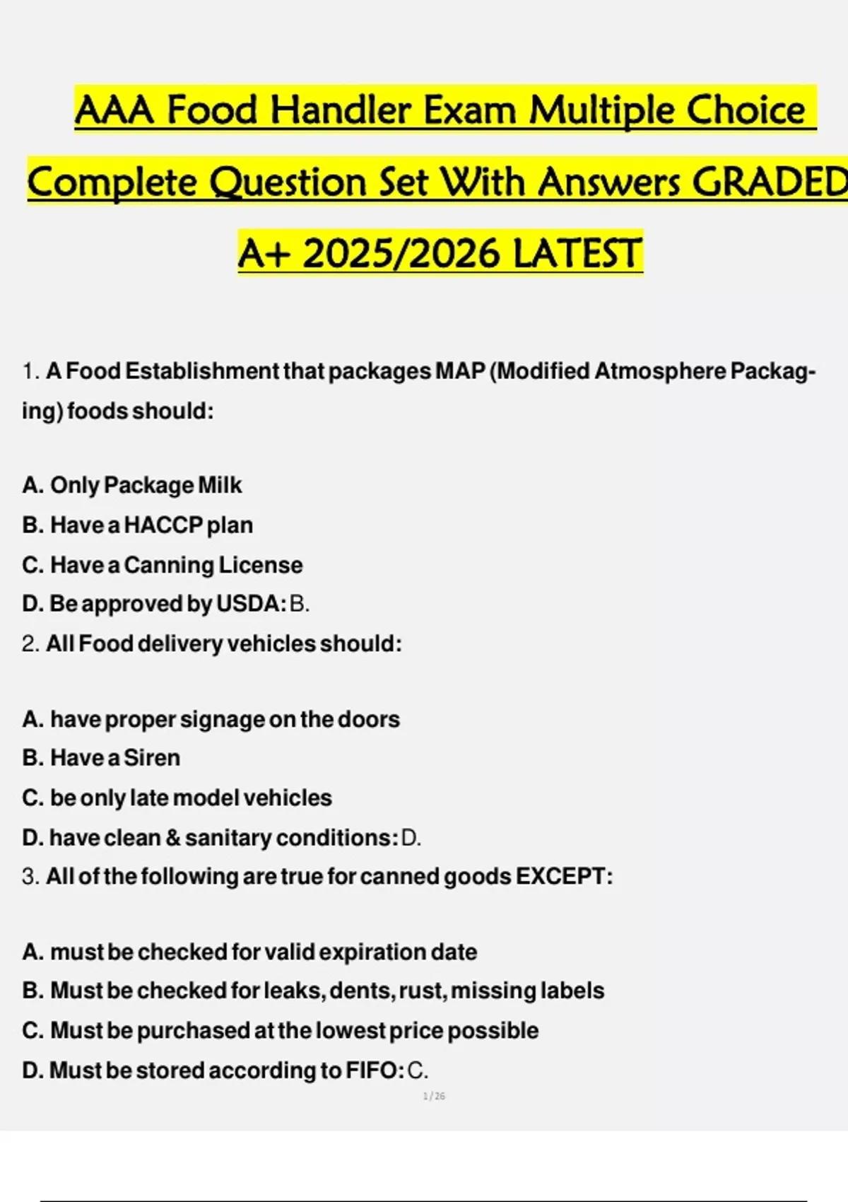 AAA Food Handler Exam Multiple Choice Complete Question Set With ...