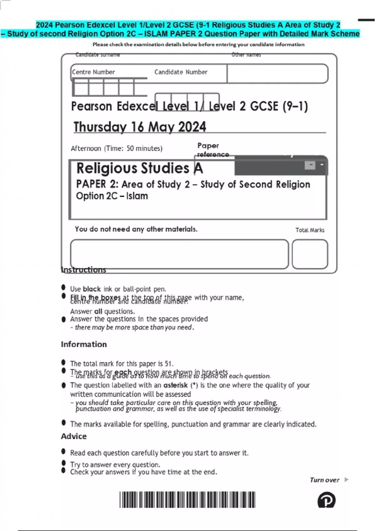 2024 Pearson Edexcel Level 1/Level 2 GCSE (9-1 Religious Studies A Area ...