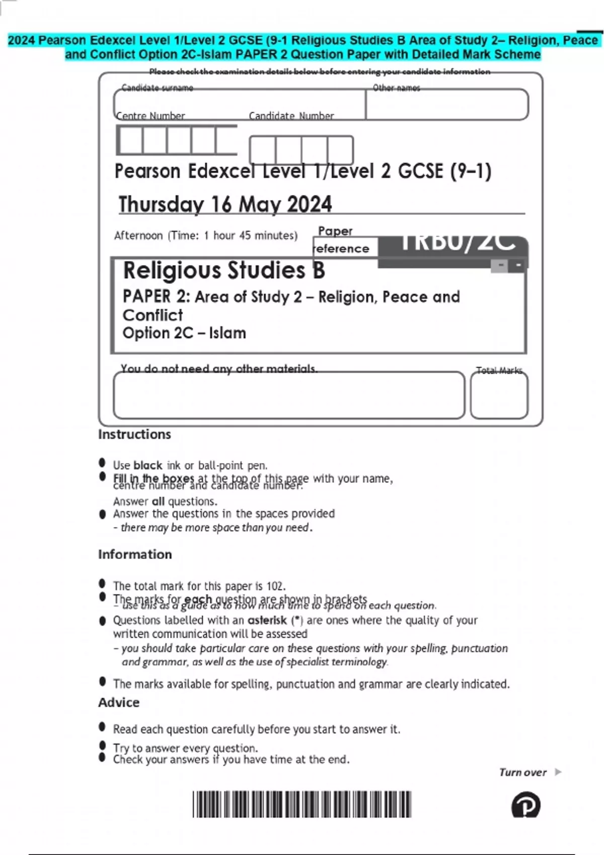 2024 Pearson Edexcel Level 1/Level 2 GCSE (9-1 Religious Studies B Area ...