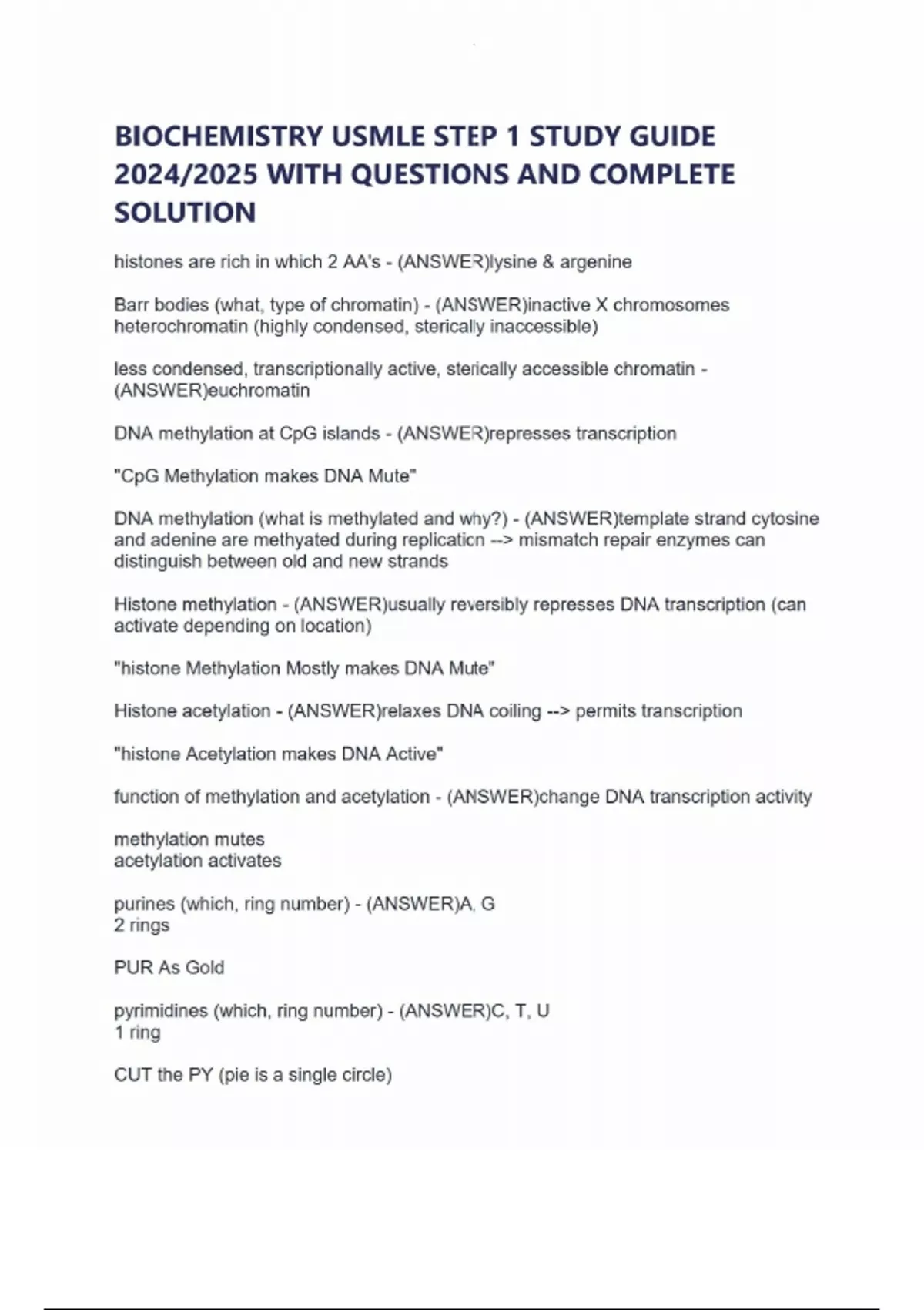 BIOCHEMISTRY USMLE STEP 1 STUDY GUIDE 2024/2025 WITH QUESTIONS AND ...