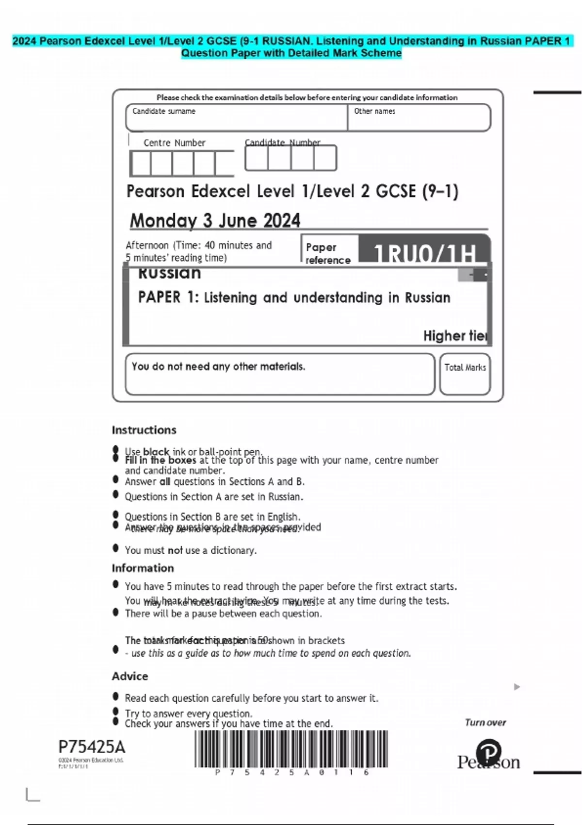 2024 Pearson Edexcel Level 1/Level 2 GCSE (9-1 RUSSIAN. Listening and ...