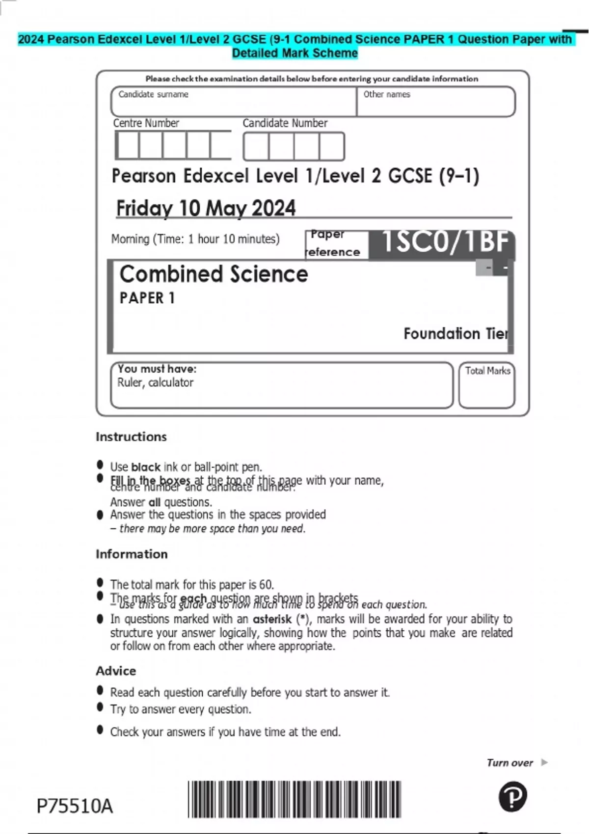 2024 Pearson Edexcel Level 1/Level 2 GCSE (9-1 Combined Science PAPER 1 ...