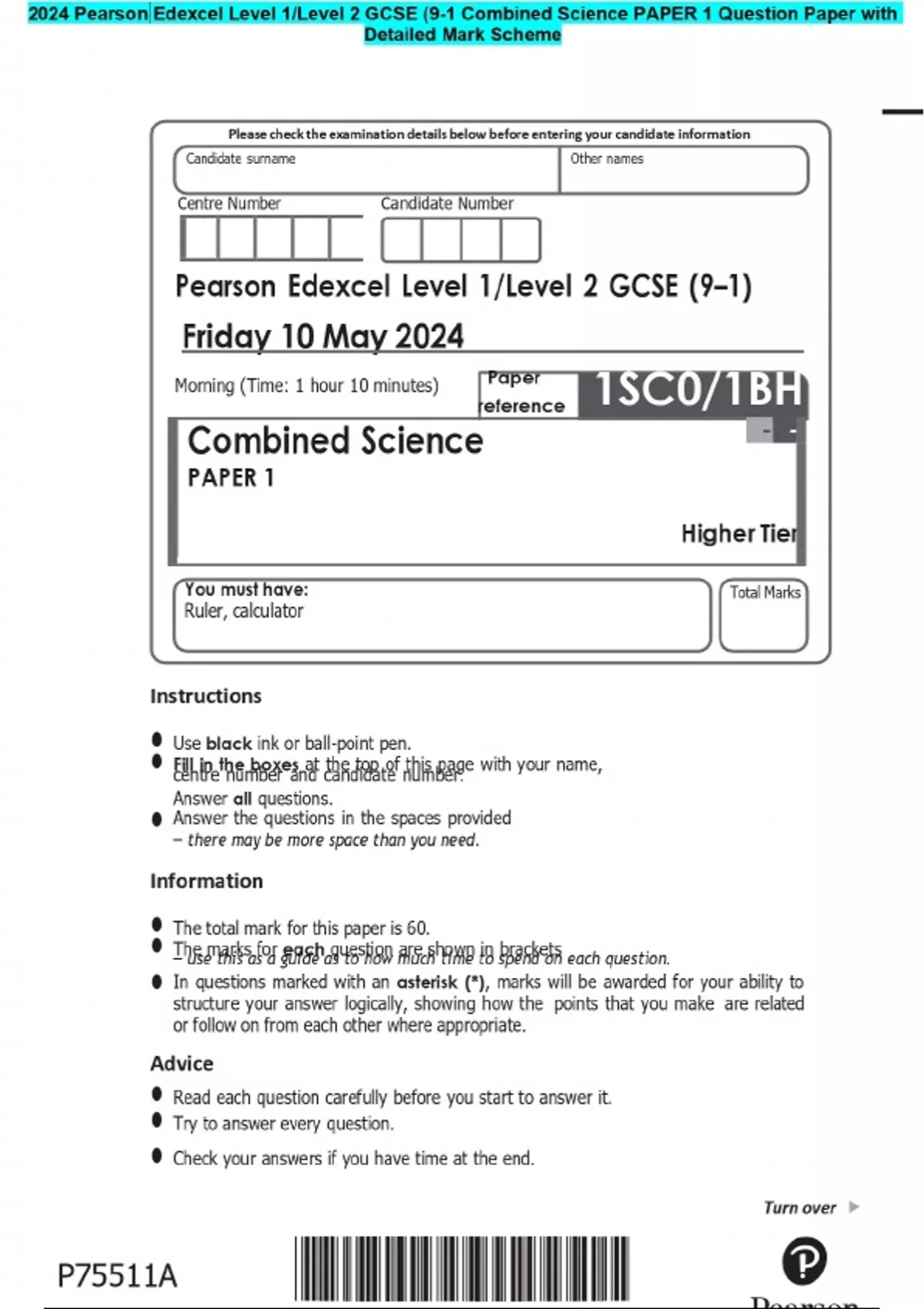 2024 Pearson Edexcel Level 1/Level 2 GCSE (9-1 Combined Science PAPER 1 Question Paper with ...