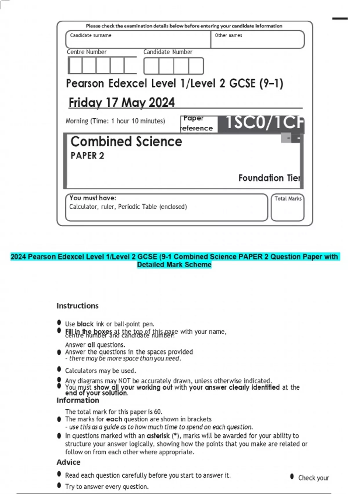 2024 Pearson Edexcel Level 1/Level 2 GCSE (9-1 Combined Science PAPER 2 ...
