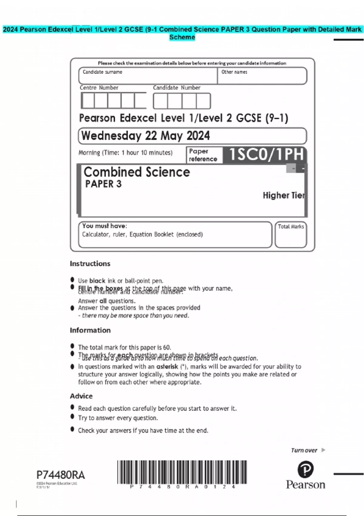 2024 Pearson Edexcel Level 1/Level 2 GCSE (9-1 Combined Science PAPER 3 ...