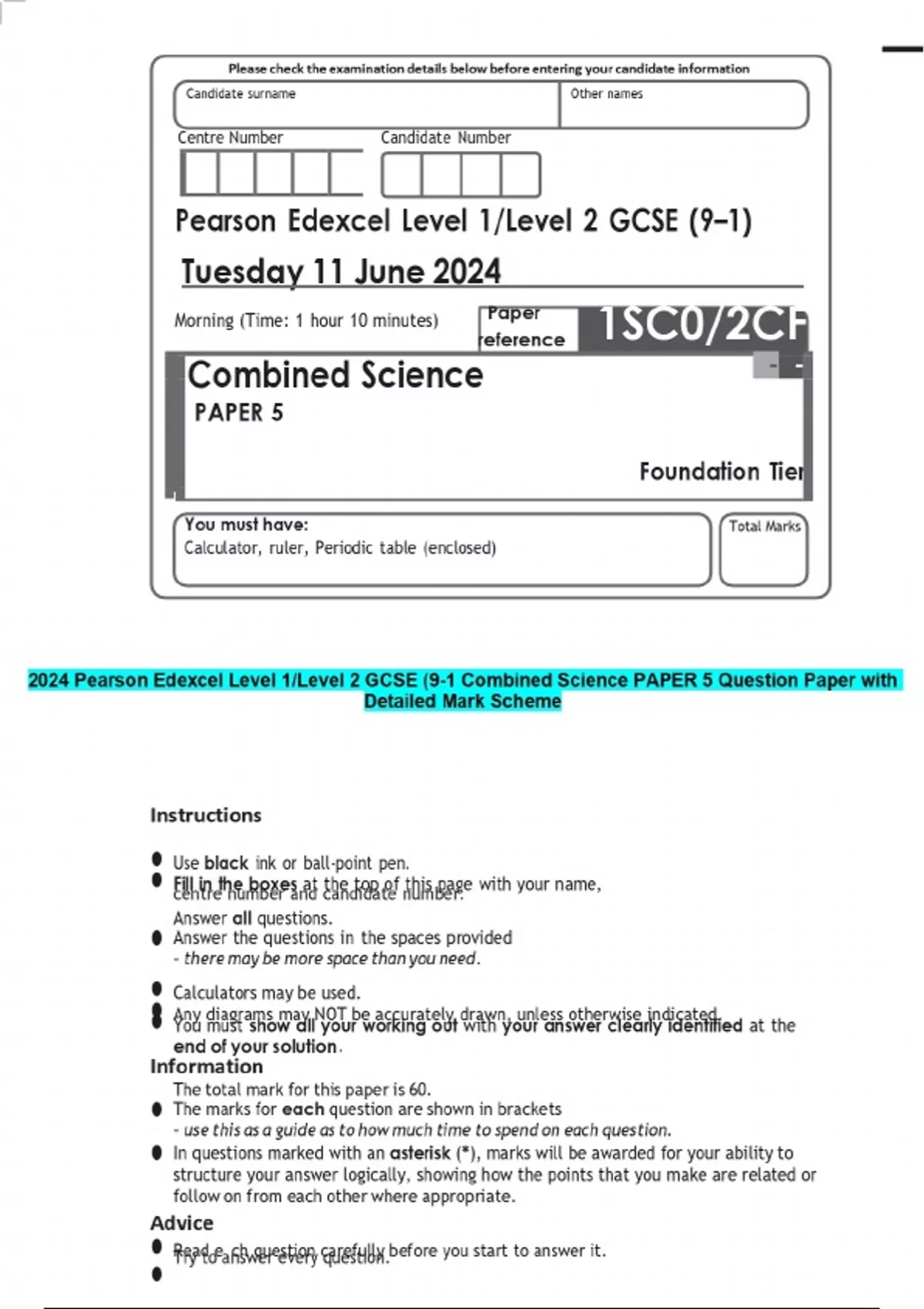 2024 Pearson Edexcel Level 1/Level 2 GCSE (9-1 Combined Science PAPER 5 ...