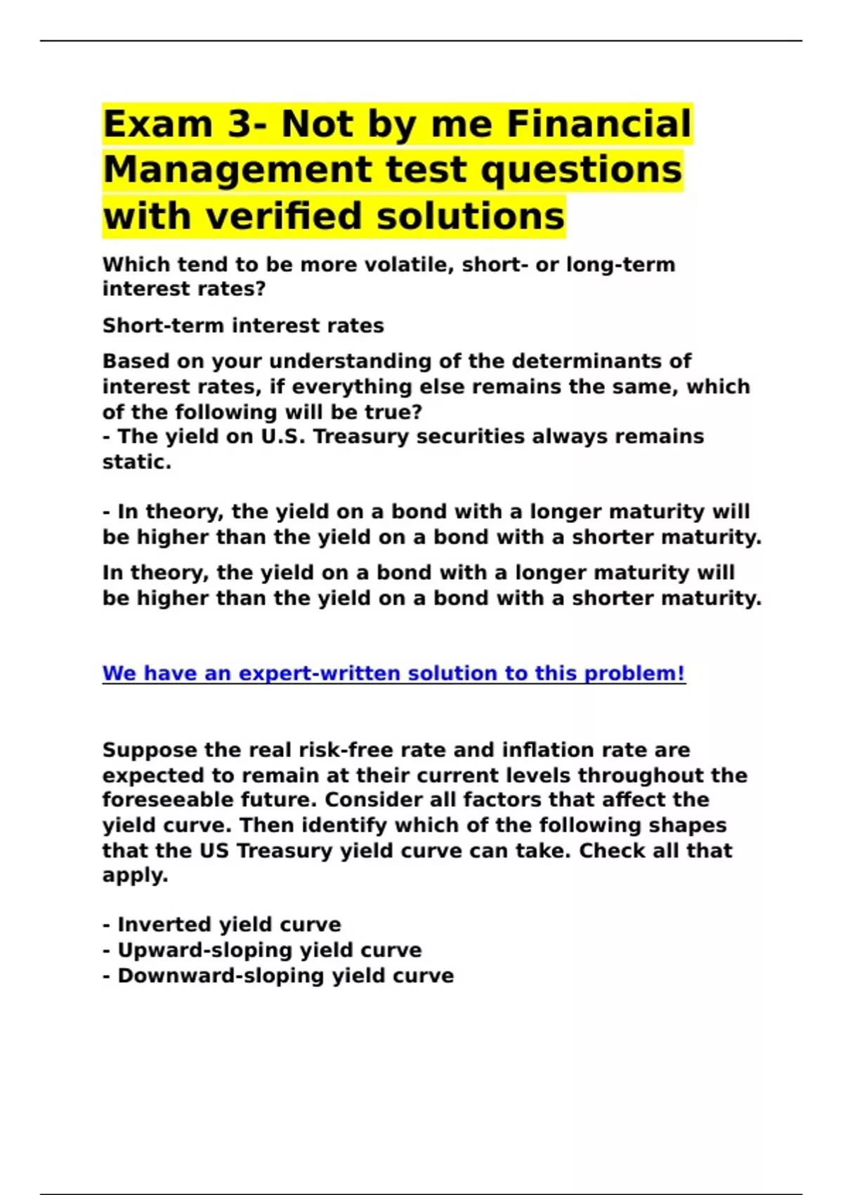 Exam 3- Not by me Financial Management test questions with verified ...