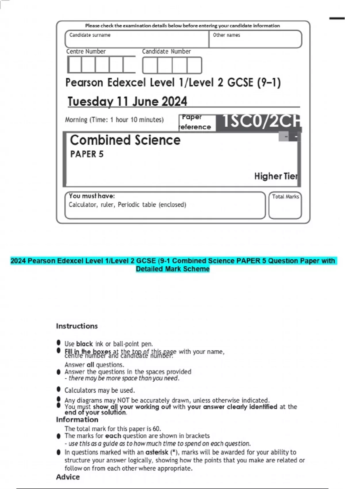 2024 Pearson Edexcel Level 1/Level 2 GCSE (9-1 Combined Science PAPER 5 ...