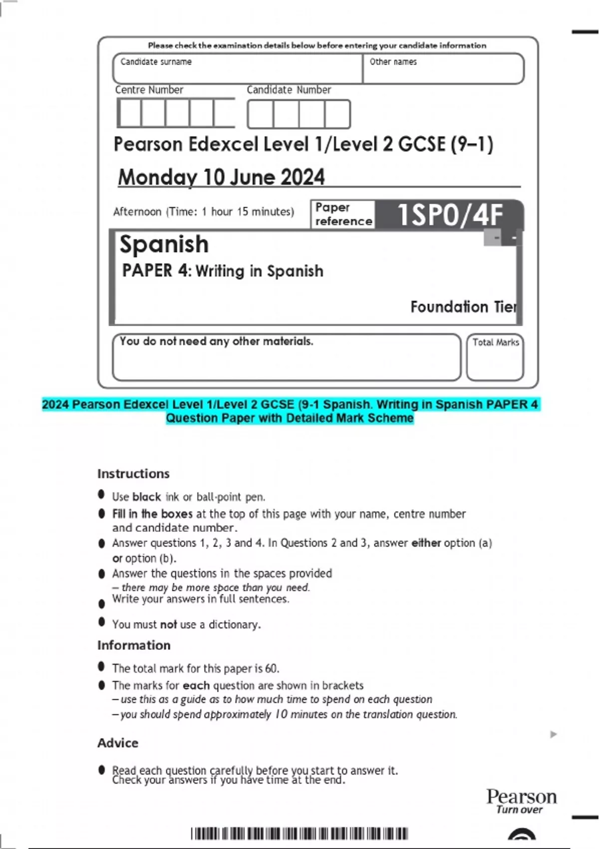 2024 Pearson Edexcel Level 1/Level 2 GCSE (9-1 Spanish. Writing in ...