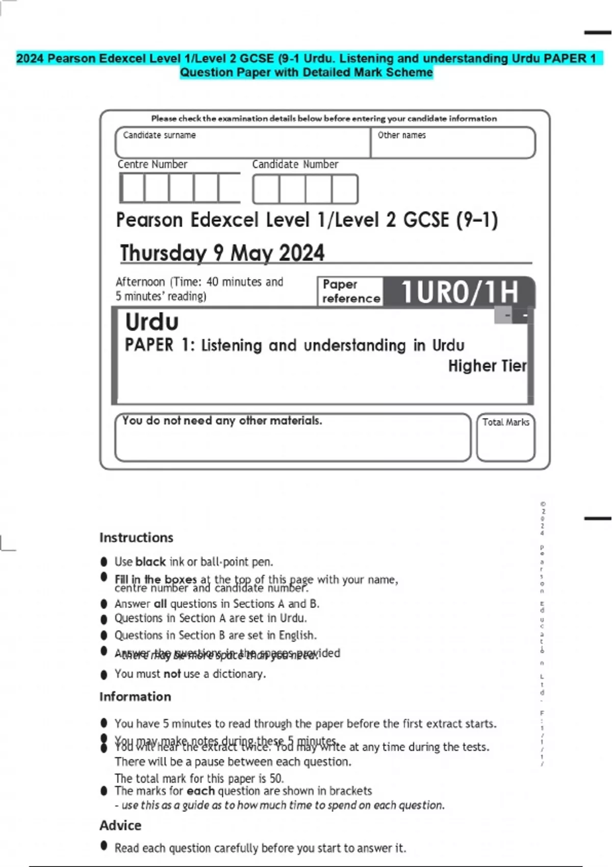 2024 Pearson Edexcel Level 1/Level 2 GCSE (9-1 Urdu. Listening and ...