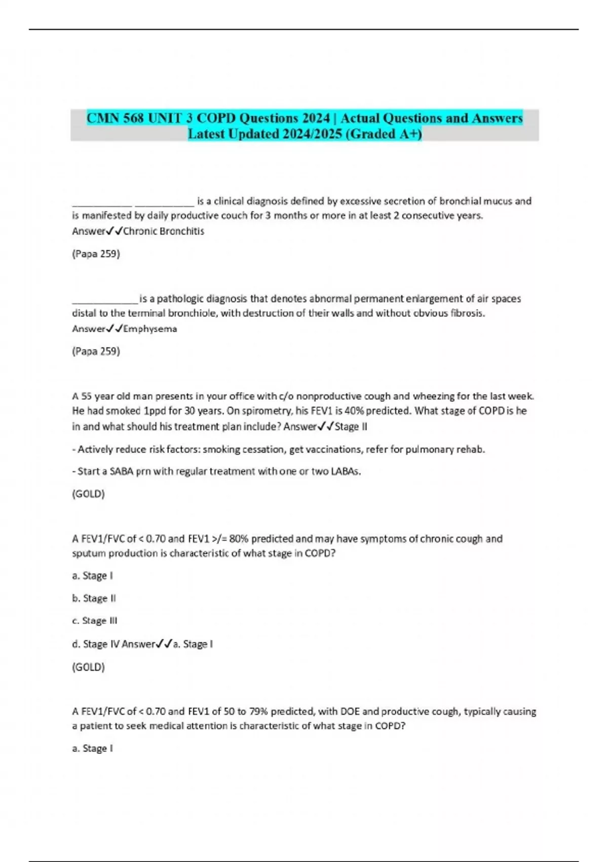 CMN 568 UNIT 3 COPD Questions 2024 | Actual Questions and Answers ...