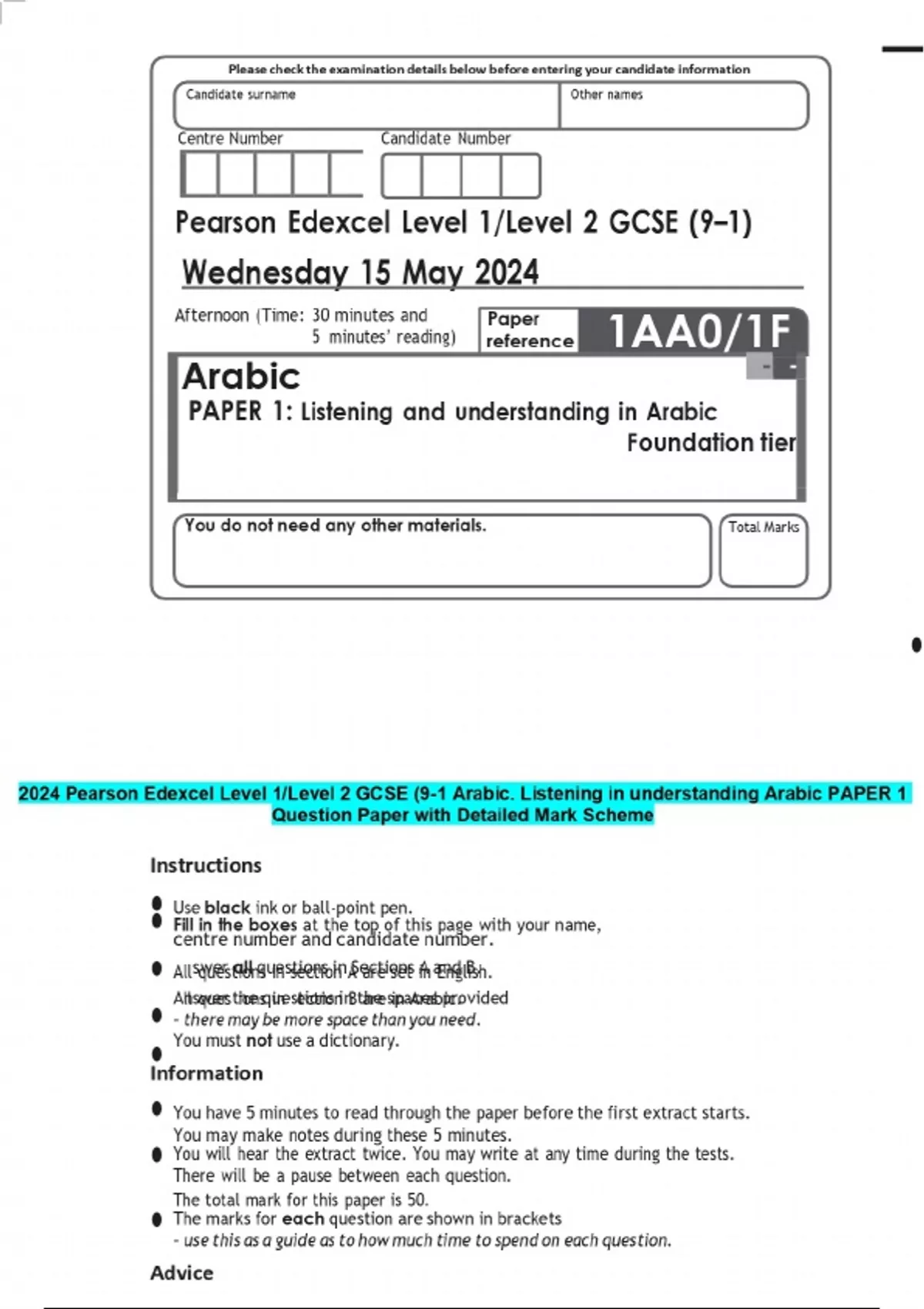 2024 Pearson Edexcel Level 1/Level 2 GCSE (9-1 Arabic. Listening in ...