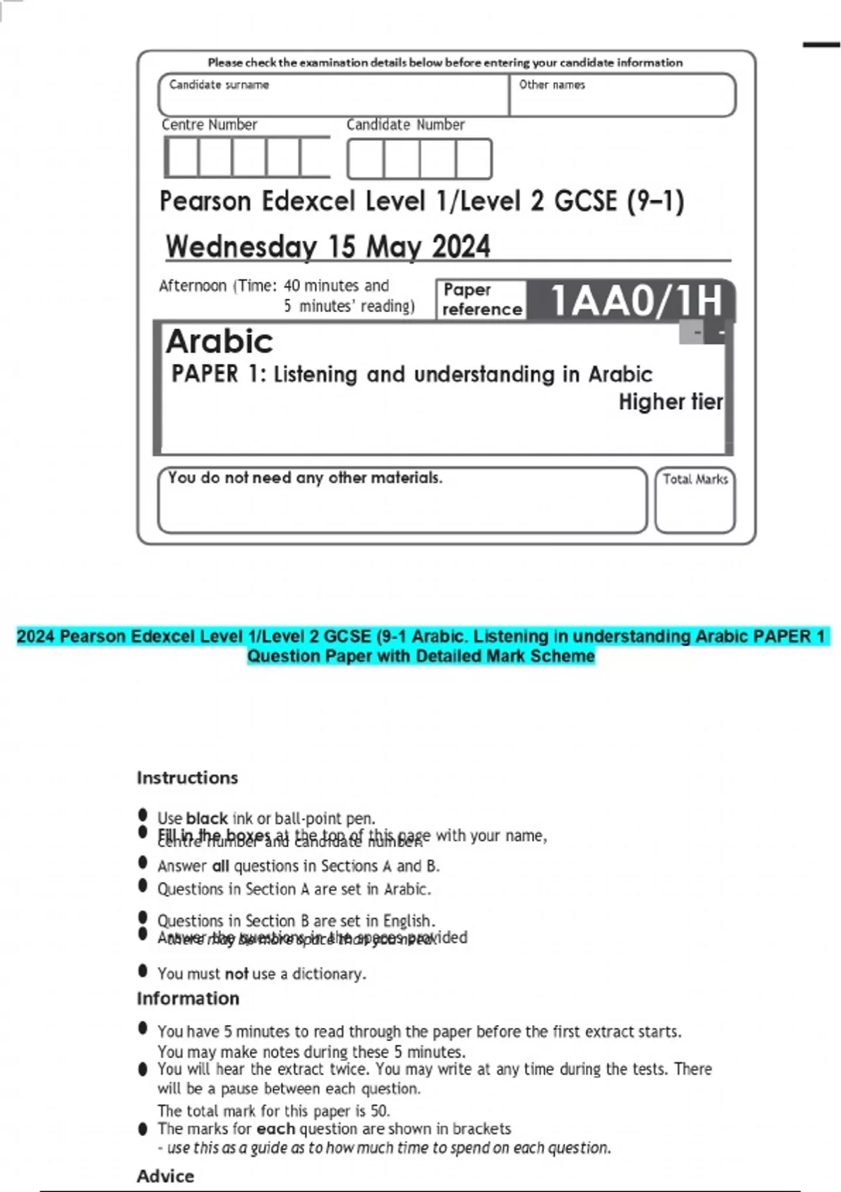 2024 Pearson Edexcel Level 1/Level 2 GCSE (9-1 Arabic. Listening in ...
