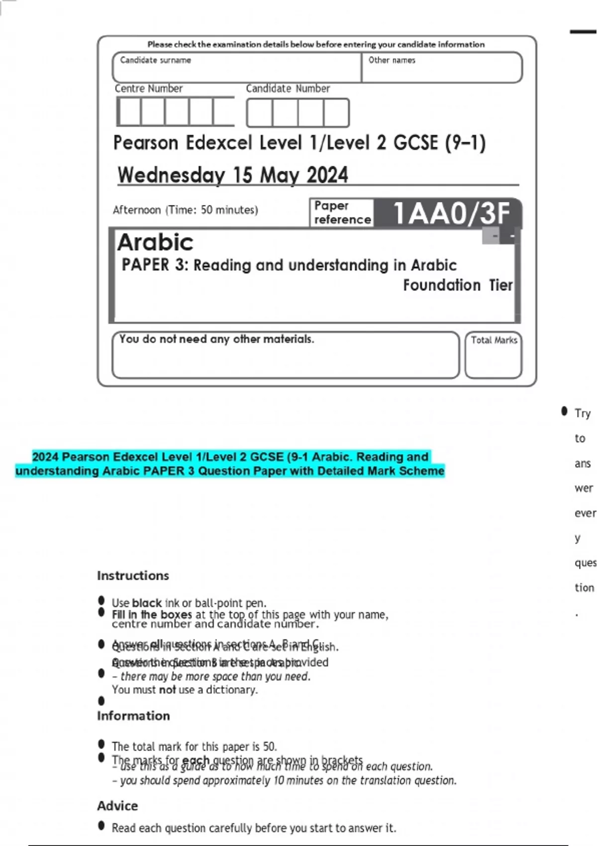 2024 Pearson Edexcel Level 1/Level 2 GCSE (9-1 Arabic. Reading and ...