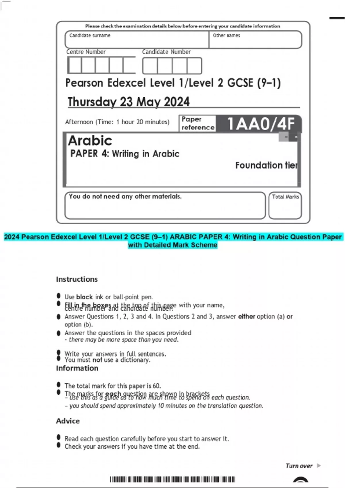 2024 Pearson Edexcel Level 1/Level 2 GCSE (9–1) ARABIC PAPER 4: Writing ...