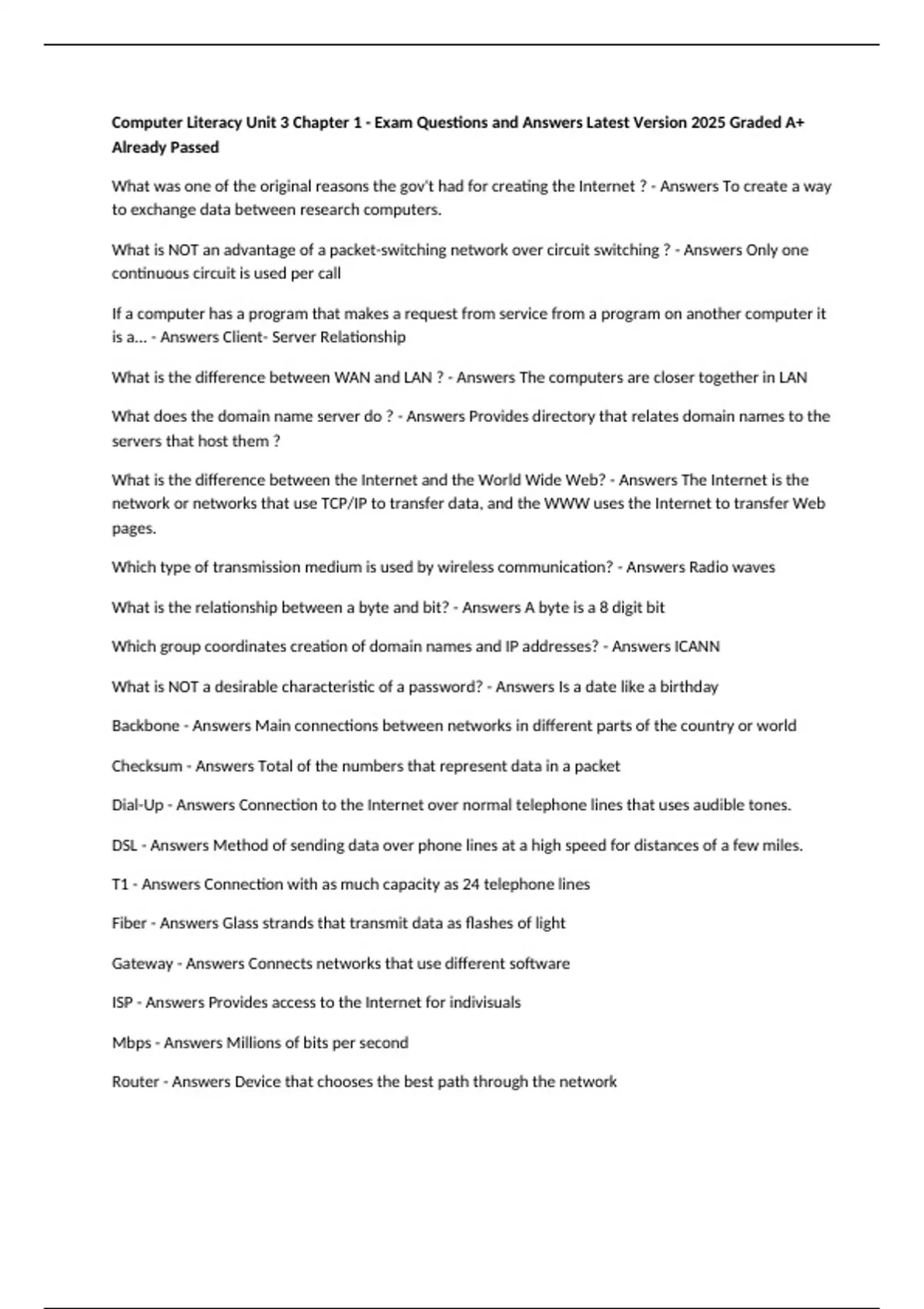 Computer Literacy Unit 3 Chapter 1 - Exam Questions and Answers Latest ...