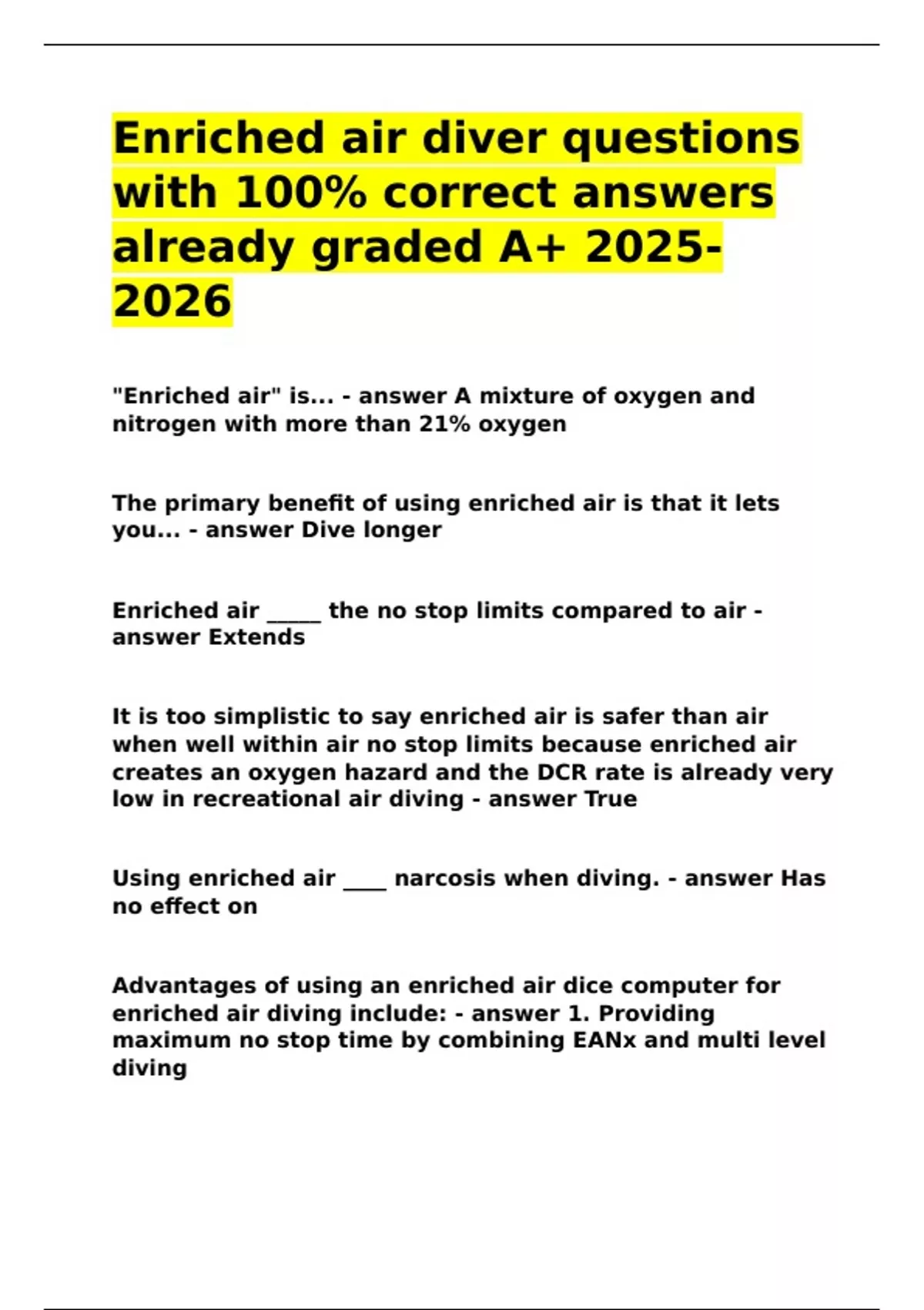 Enriched air diver questions with 100- correct answers already graded ...