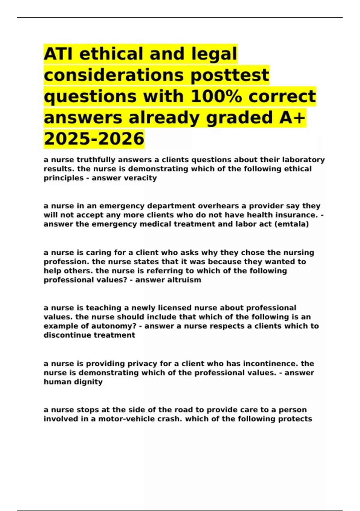 ATI ethical and legal considerations posttest questions with 100 ...
