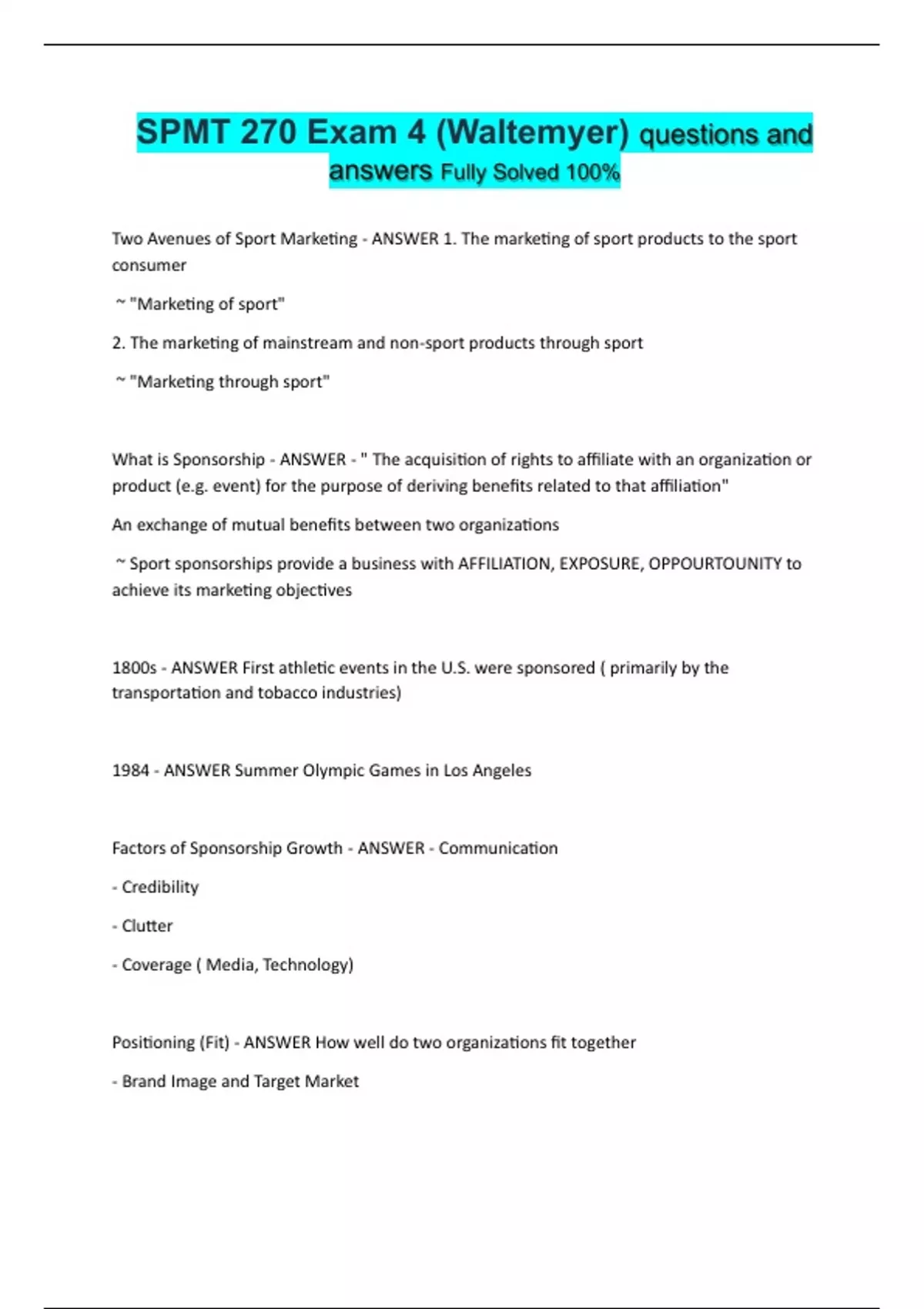 SPMT 270 Exam 4 (Waltemyer) questions and answers Fully Solved 100% ...