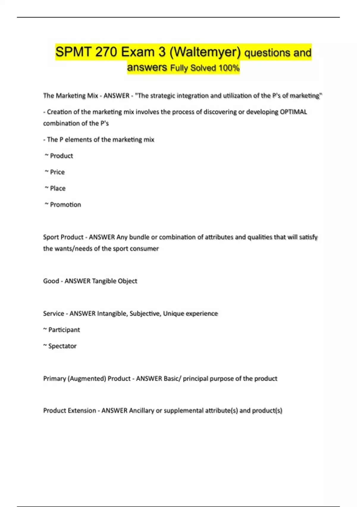 SPMT 270 Exam 3 (Waltemyer) questions and answers Fully Solved 100% 2025 - SPMT 370 Waltemyer ...