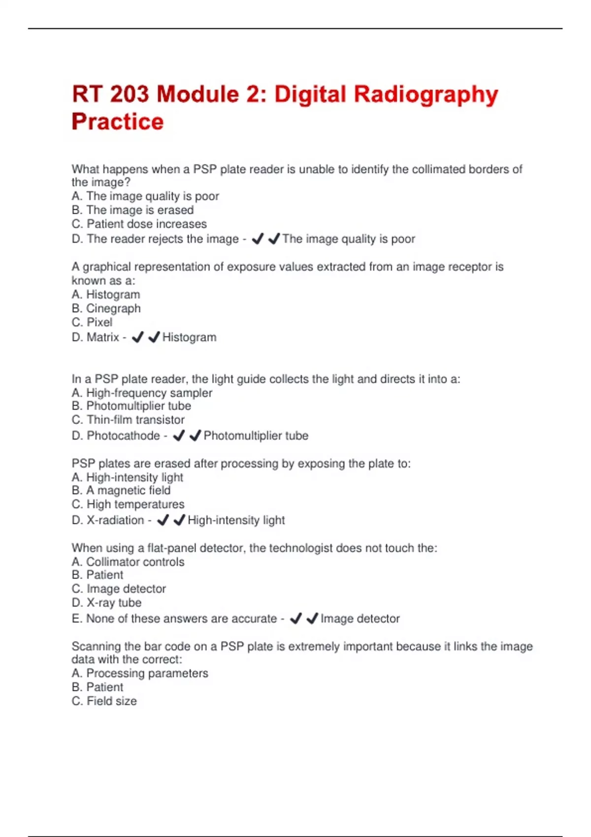 RT 203 Module 2: Digital Radiography Practice All Possible Questions and Answers with complete ...