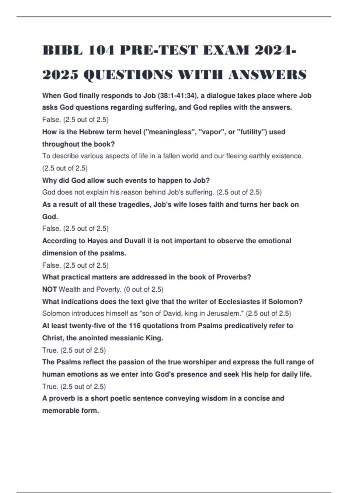 BIBL 104 PRE-TEST EXAM QUESTIONS WITH ANSWERS - BIBL 104 - Stuvia US