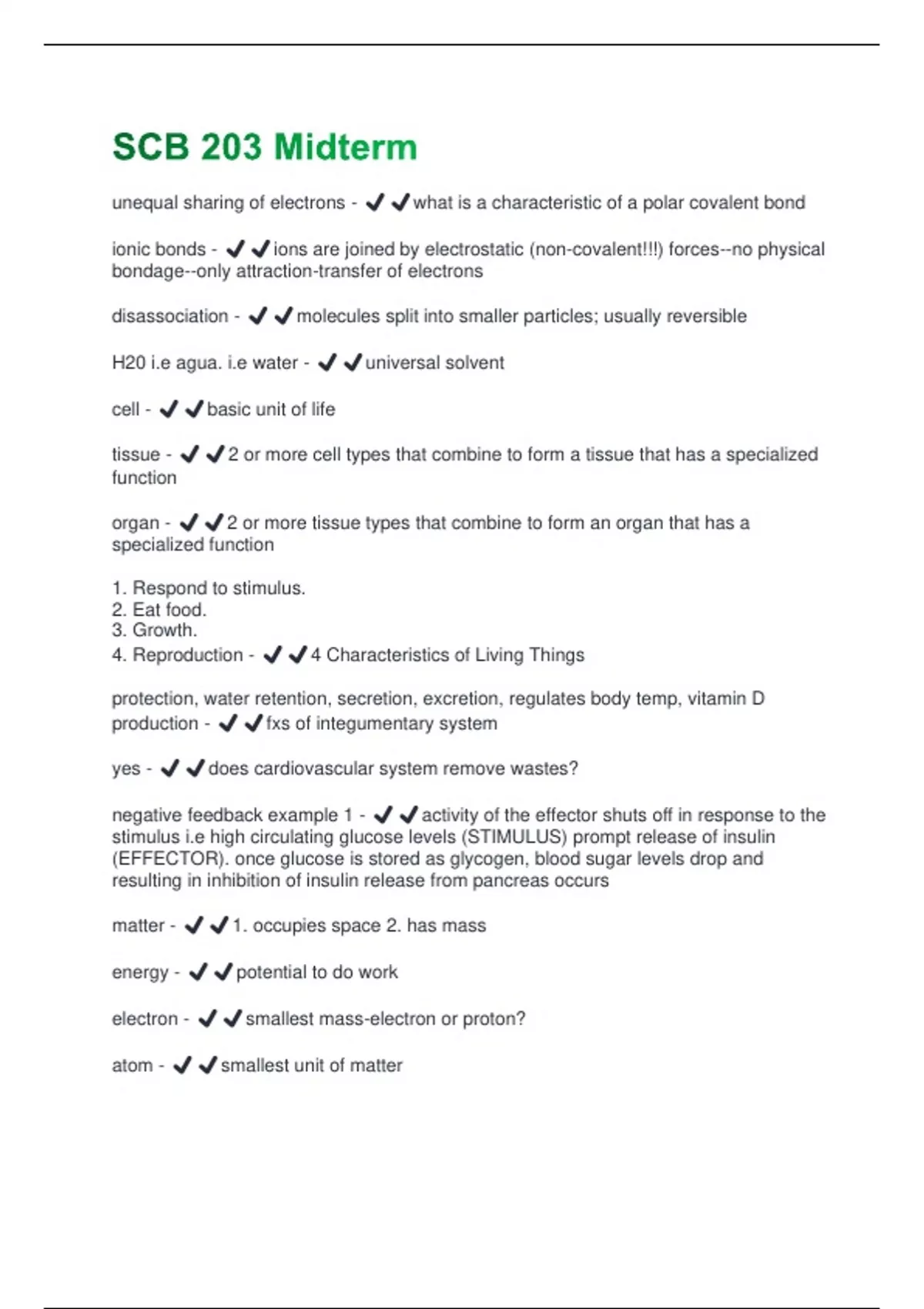 SCB 203 Midterm Questions and Answers Fully Solved 100% - SCB 203 - Stuvia US