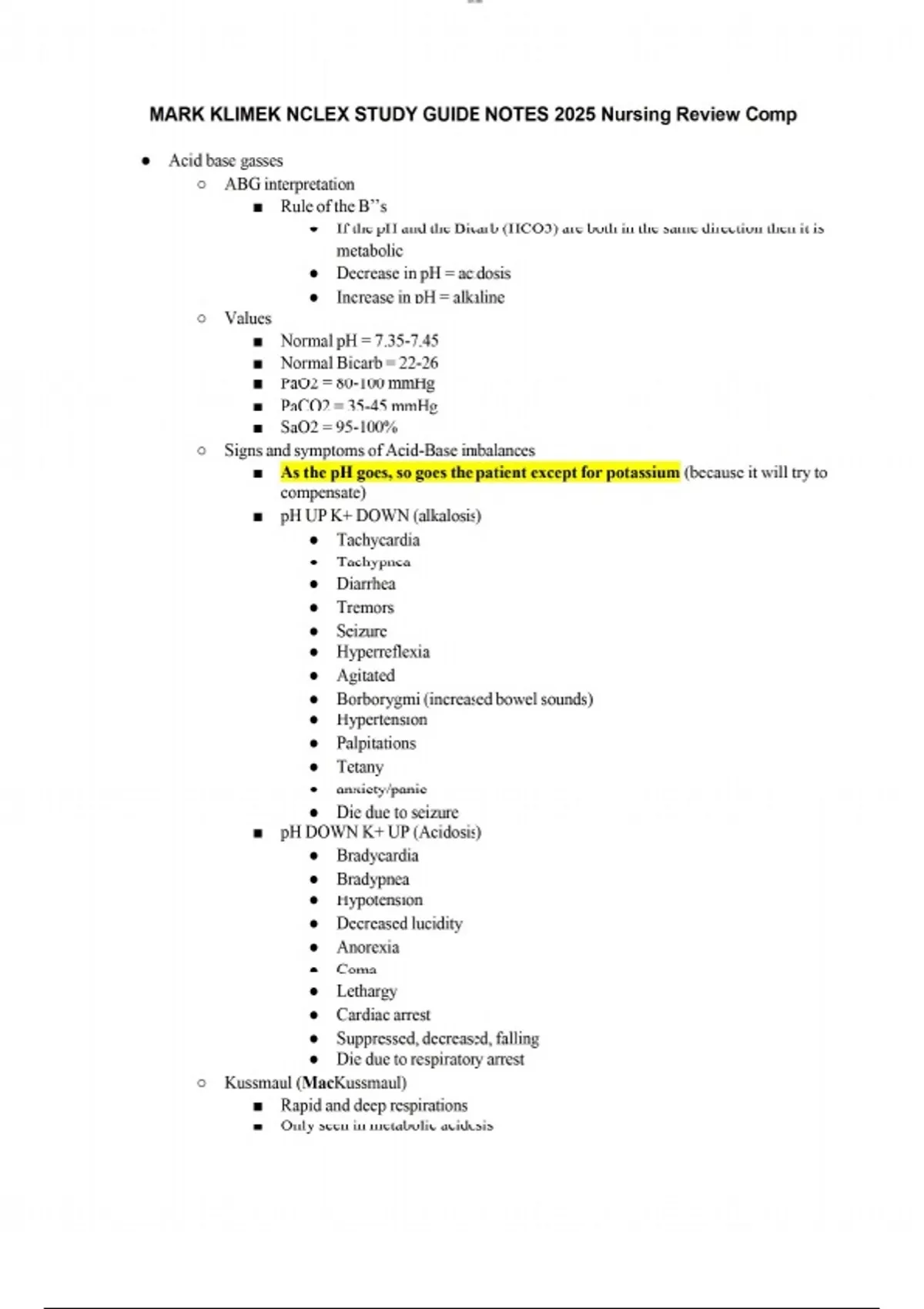 MARK KLIMEK NCLEX STUDY GUIDE NOTES 2025 Nursing Review Comp - NURSING ...