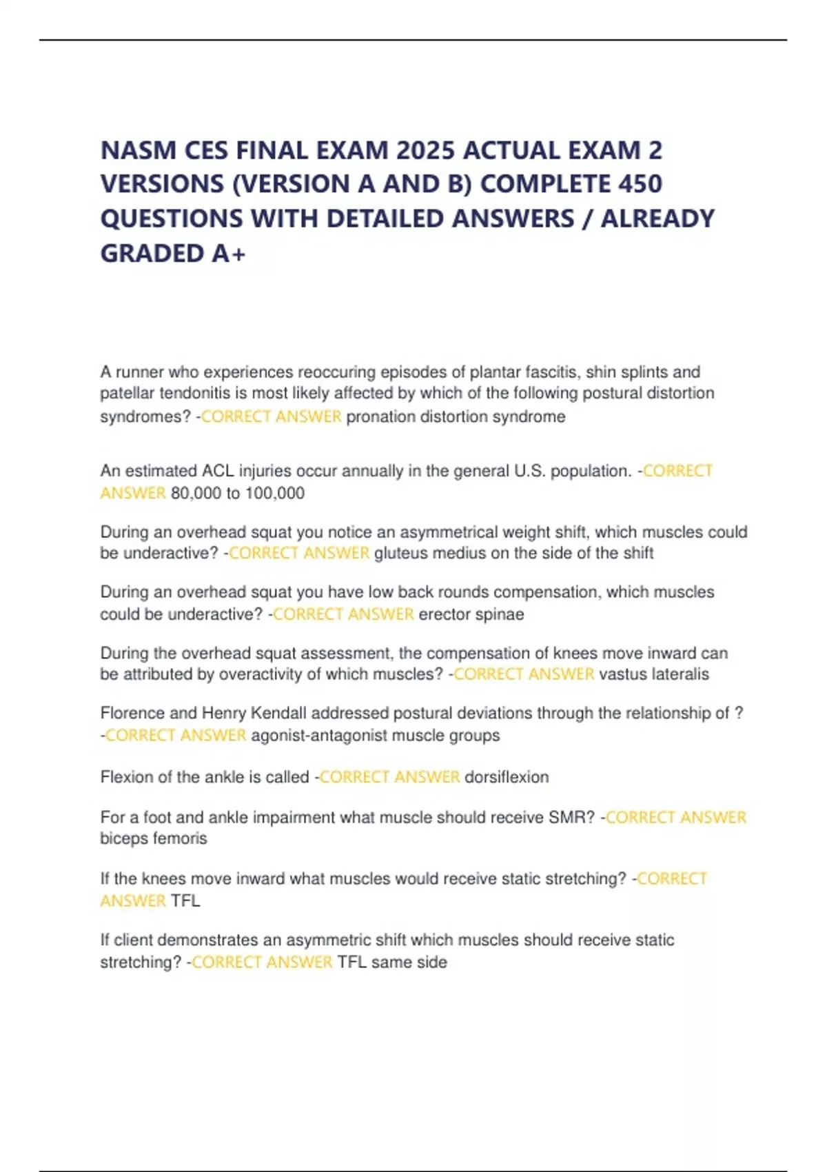 NASM CES FINAL EXAM 2024 ACTUAL EXAM 2 VERSIONS (VERSION A AND B ...