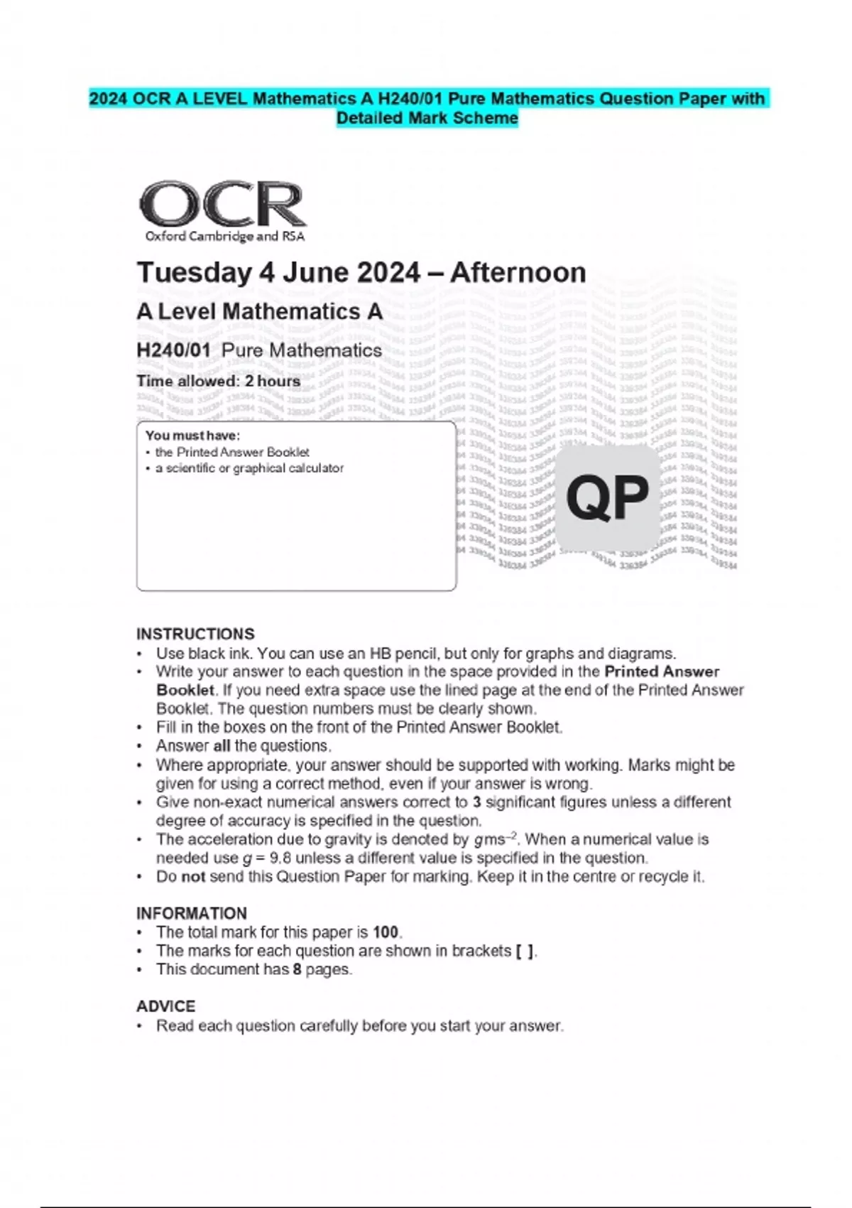 2024 OCR A LEVEL Mathematics A H240/01 Pure Mathematics Question Paper ...