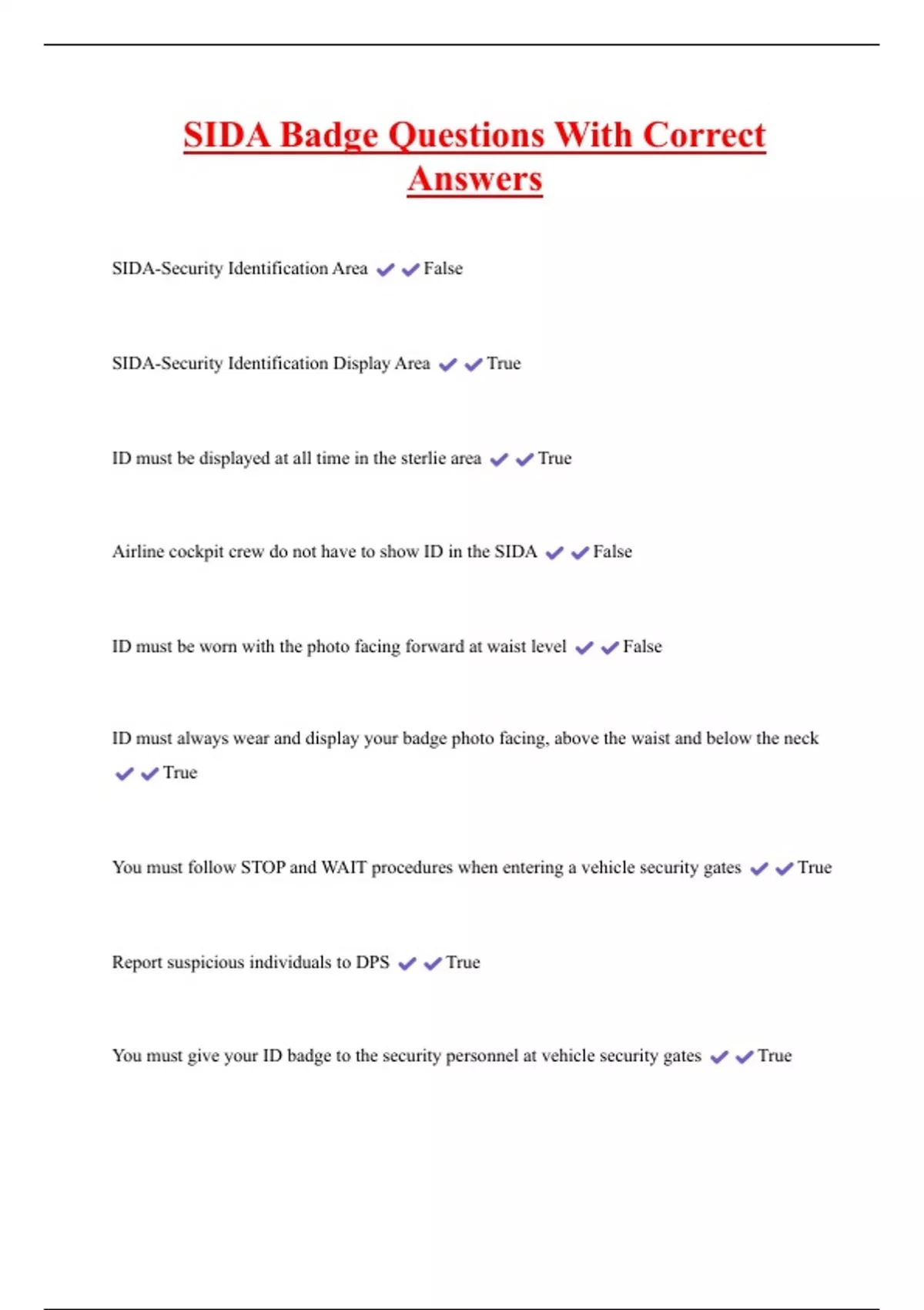 SIDA Badge Questions With Correct Answers - SIDA... - Stuvia US