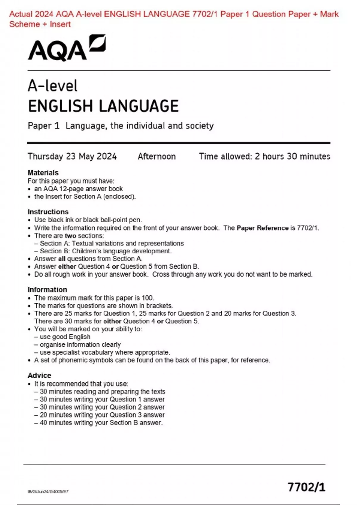 Actual 2024 AQA A-level ENGLISH LANGUAGE 7702/1 Paper 1 Language, the ...