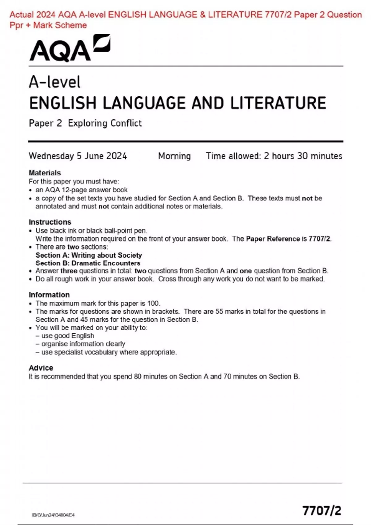 Actual 2024 AQA A-level ENGLISH LANGUAGE AND LITERATURE 7707/2 Paper 2 ...