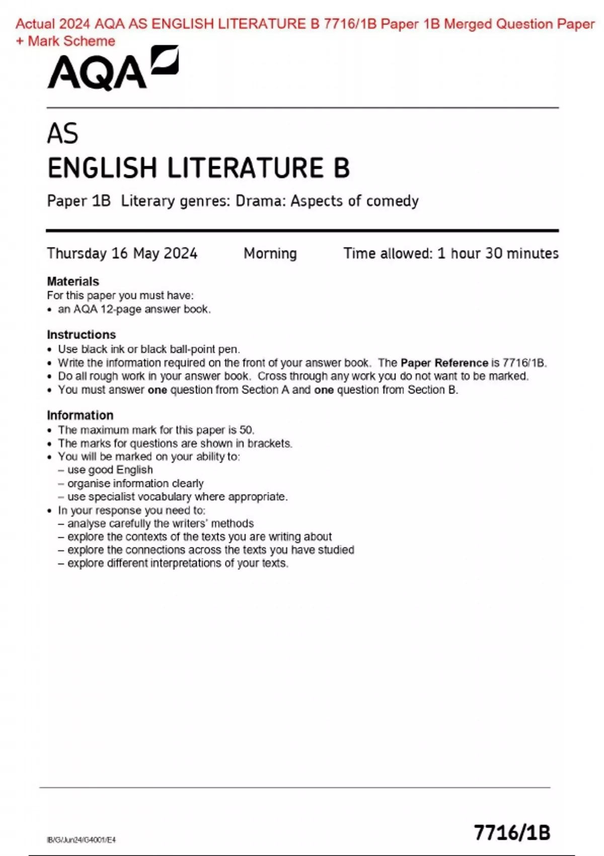 Actual 2024 AQA AS ENGLISH LITERATURE B 7716/1B Paper 1B Literary ...