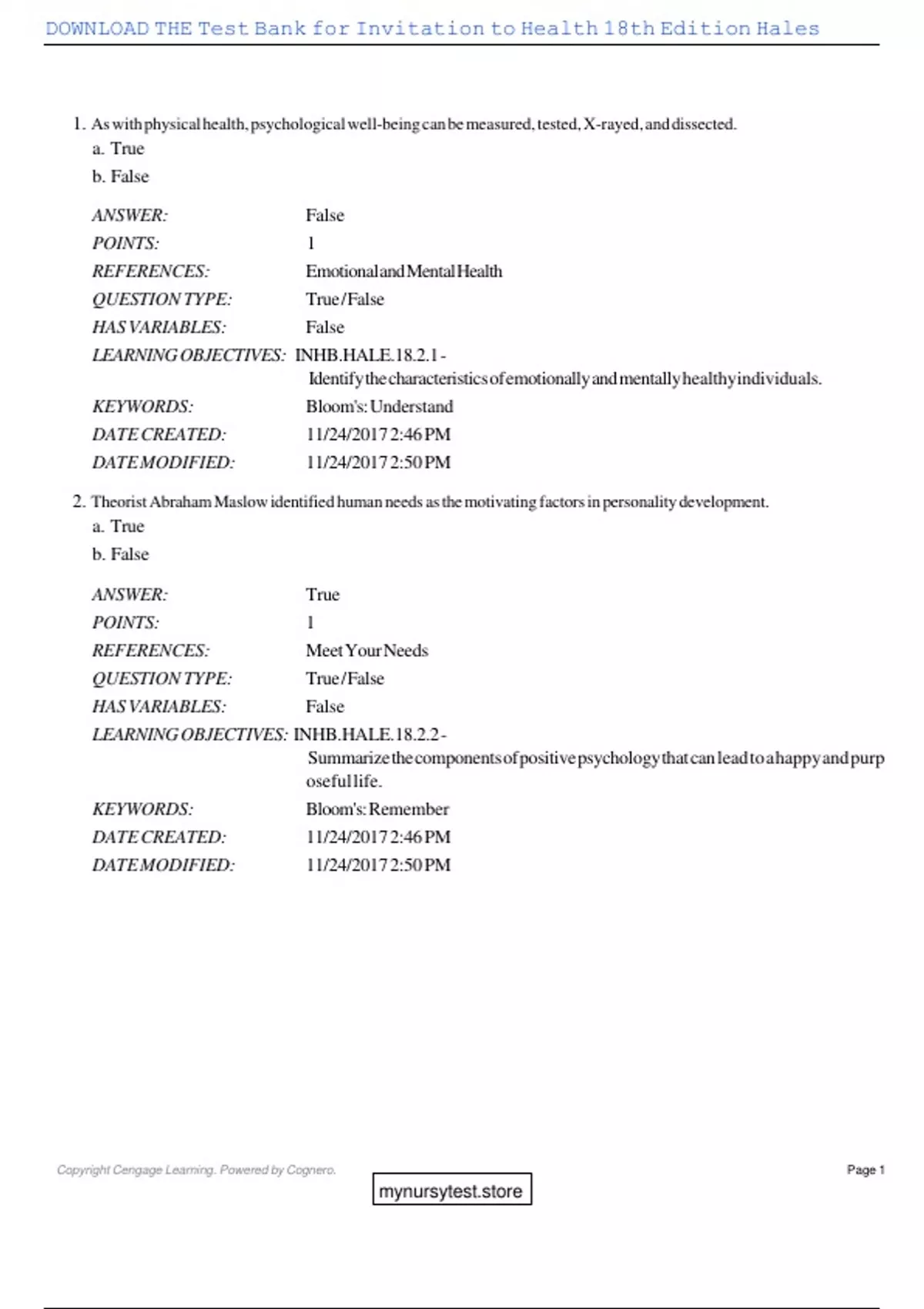 Test Bank for An Invitation to Health, 7th Edition by Dianne Hales.pdf ...