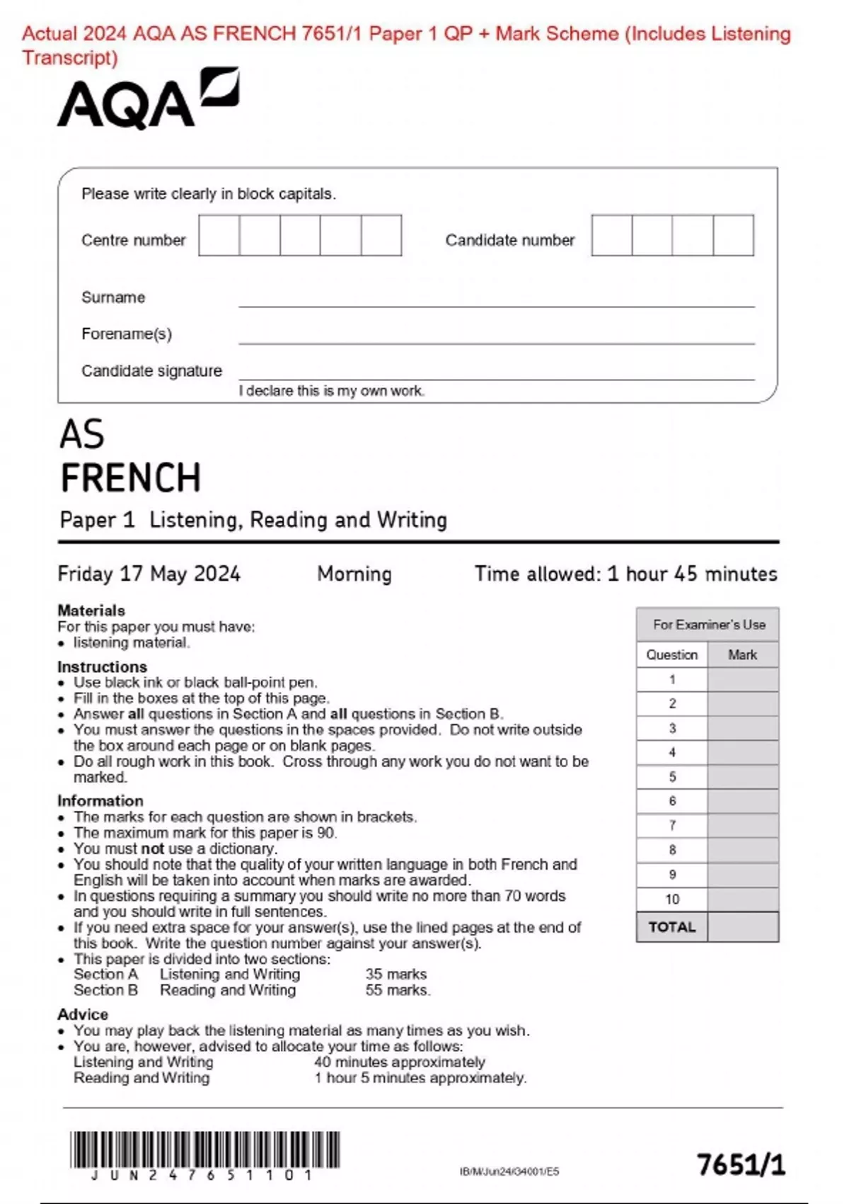 Actual 2024 AQA A-level FRENCH Writing Merged Question Paper + Mark ...