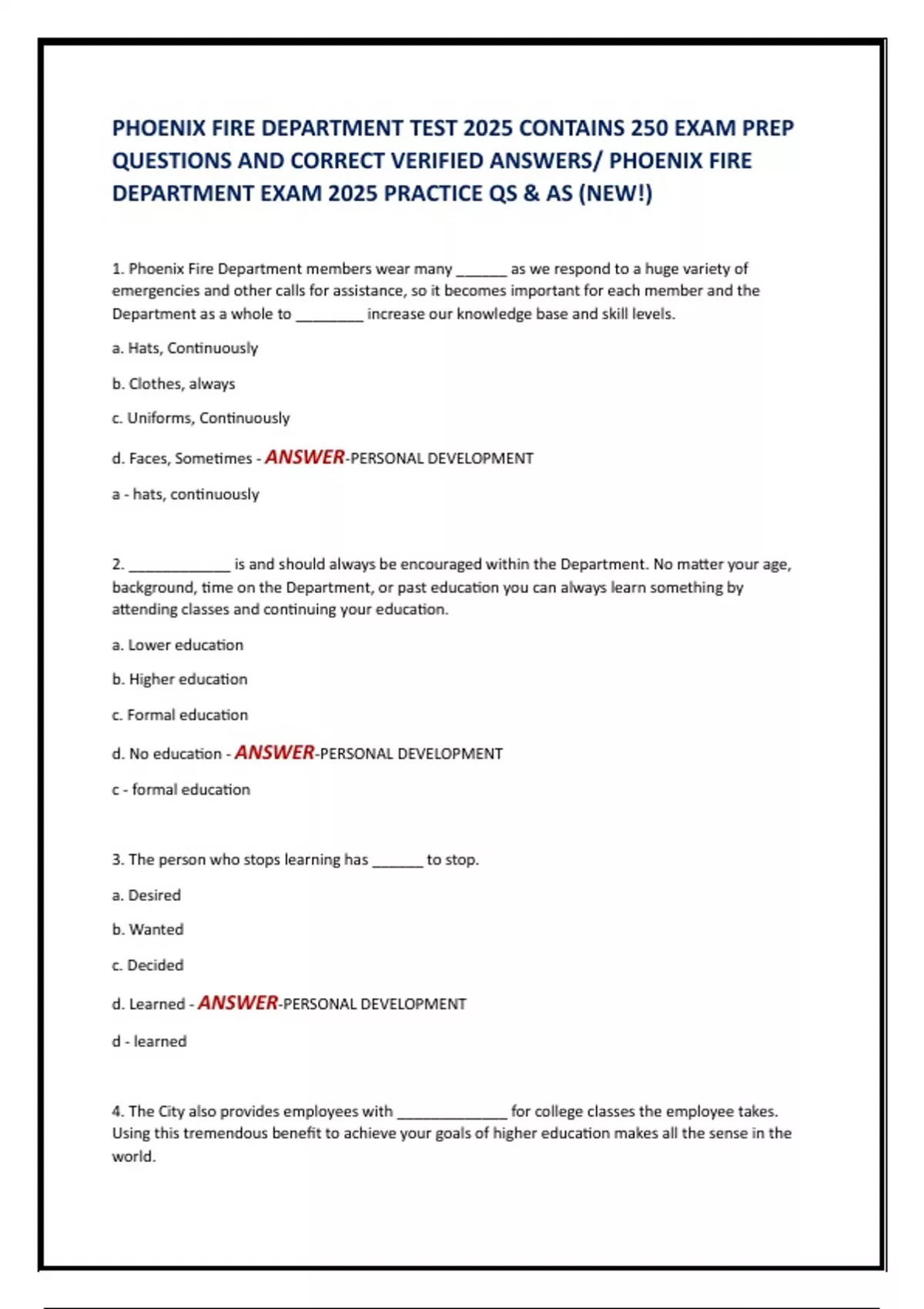 PHOENIX FIRE DEPARTMENT TEST 2025 CONTAINS 250 EXAM PREP QUESTIONS AND ...