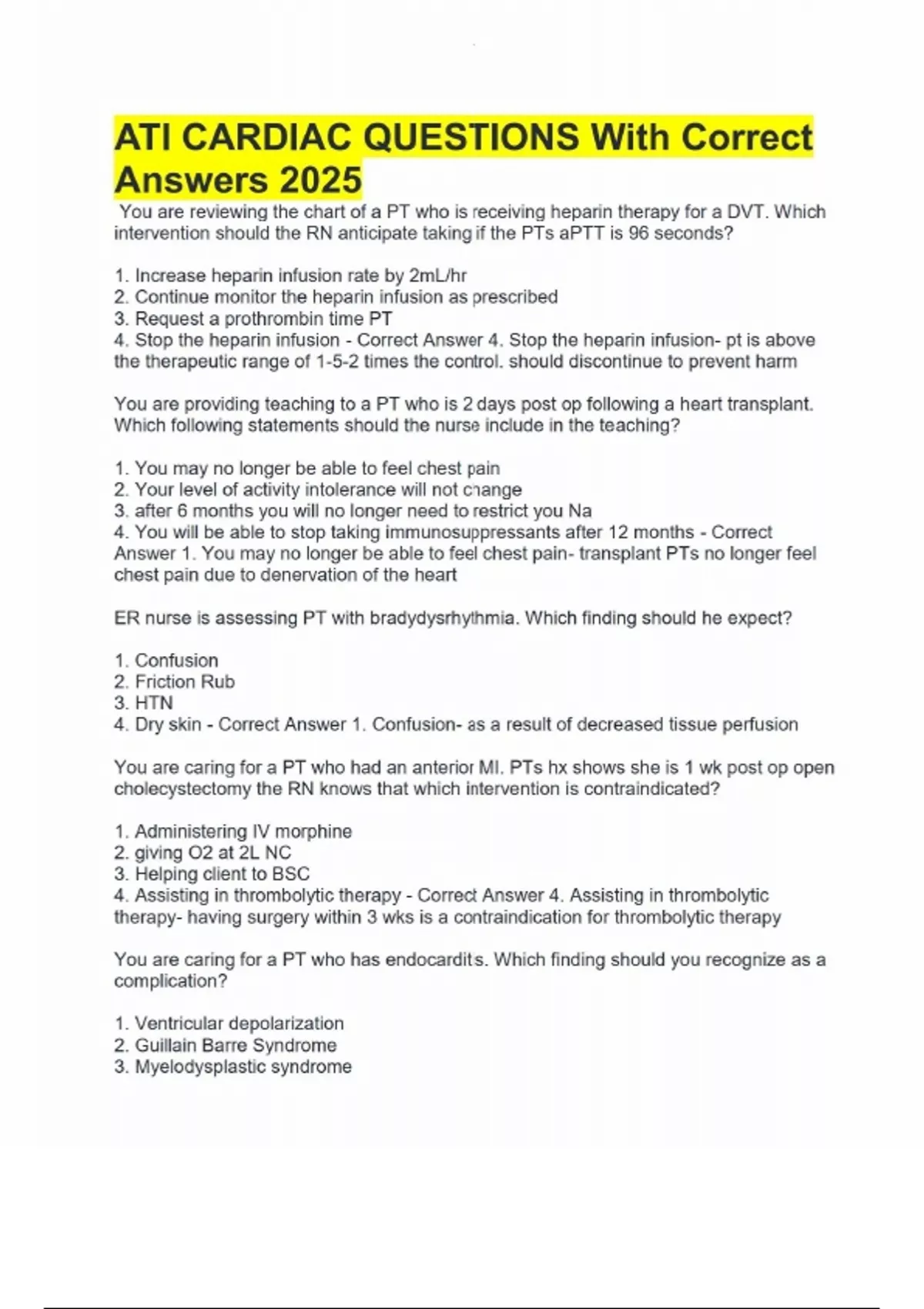 ATI CARDIAC QUESTIONS With Correct Answers 2025 - ATI Cardiovascular ...